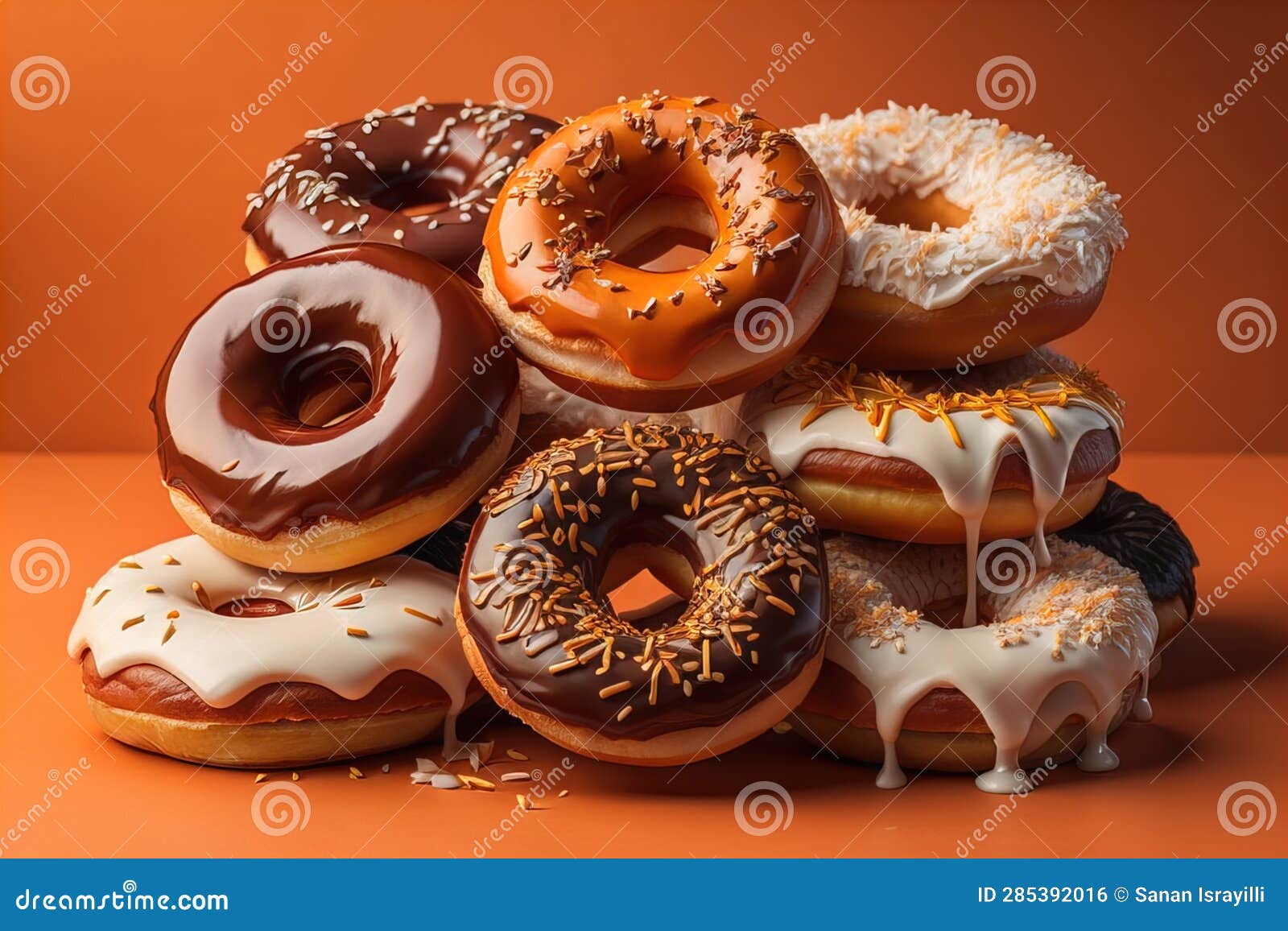 Variety of Donuts on a Solid Color Background. Top View Stock Photo ...