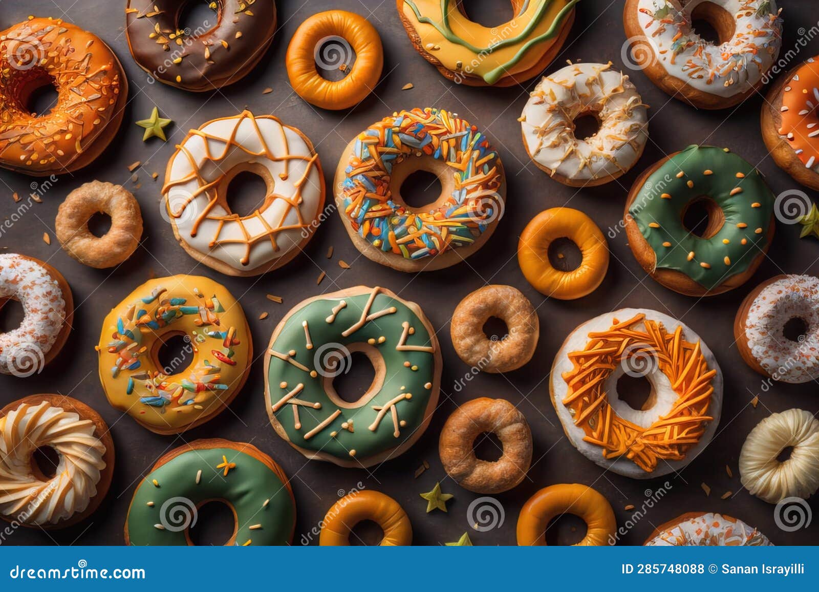 Variety of Donuts on a Solid Color Background. Top View Stock Photo ...