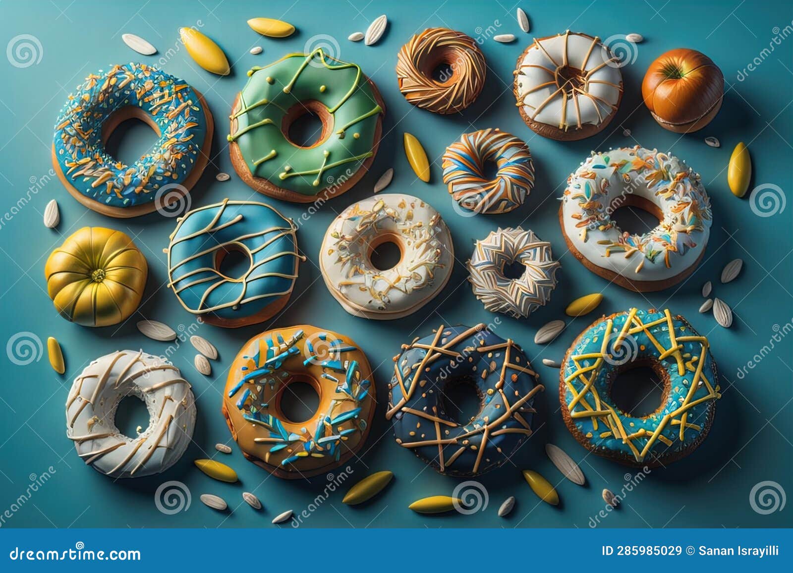 Variety of Donuts on a Solid Color Background. Top View Stock Image ...