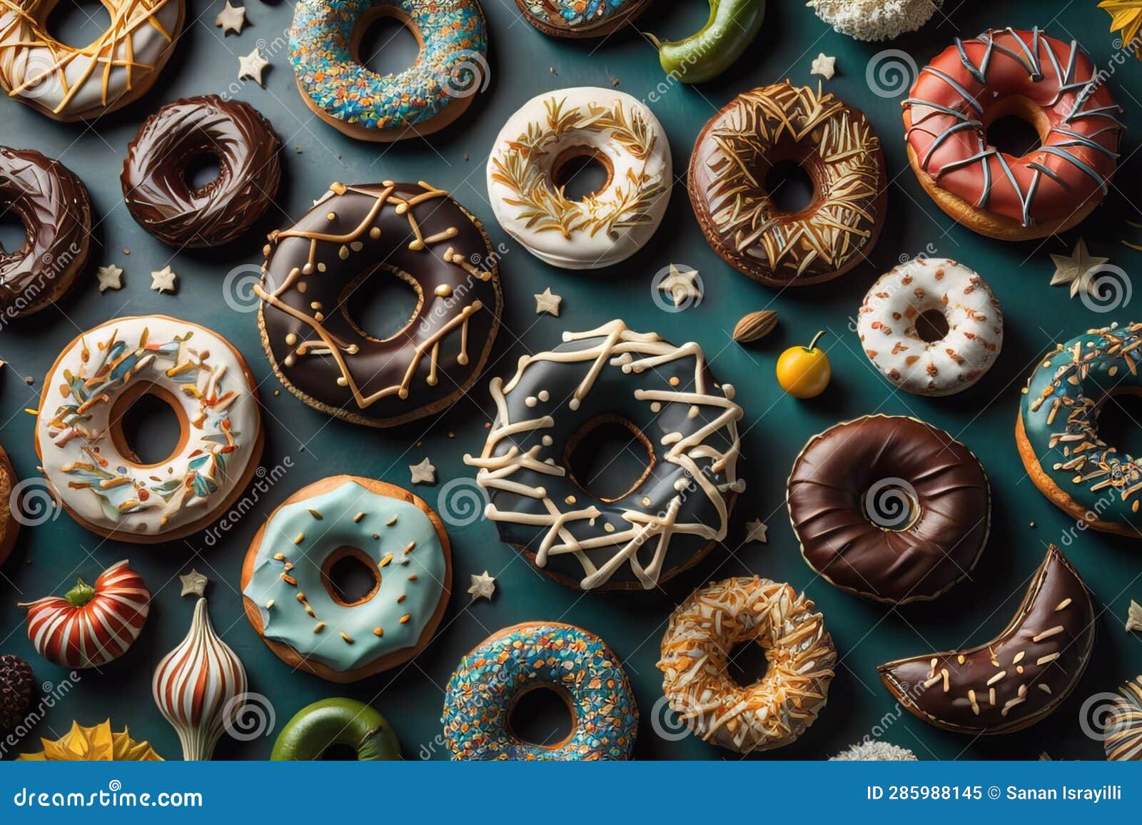 Variety of Donuts on a Solid Color Background. Top View Stock Image ...