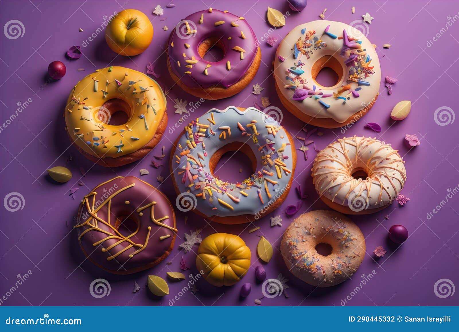 Variety of Donuts on a Solid Color Background. Top View Stock Photo ...