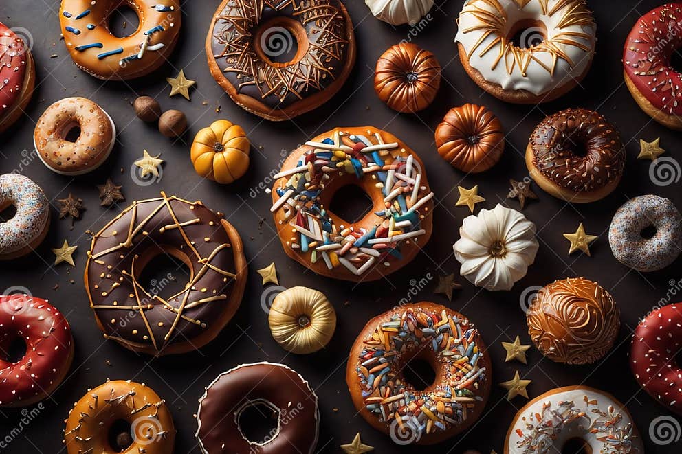 Variety of Donuts on a Solid Color Background. Top View Stock Image ...