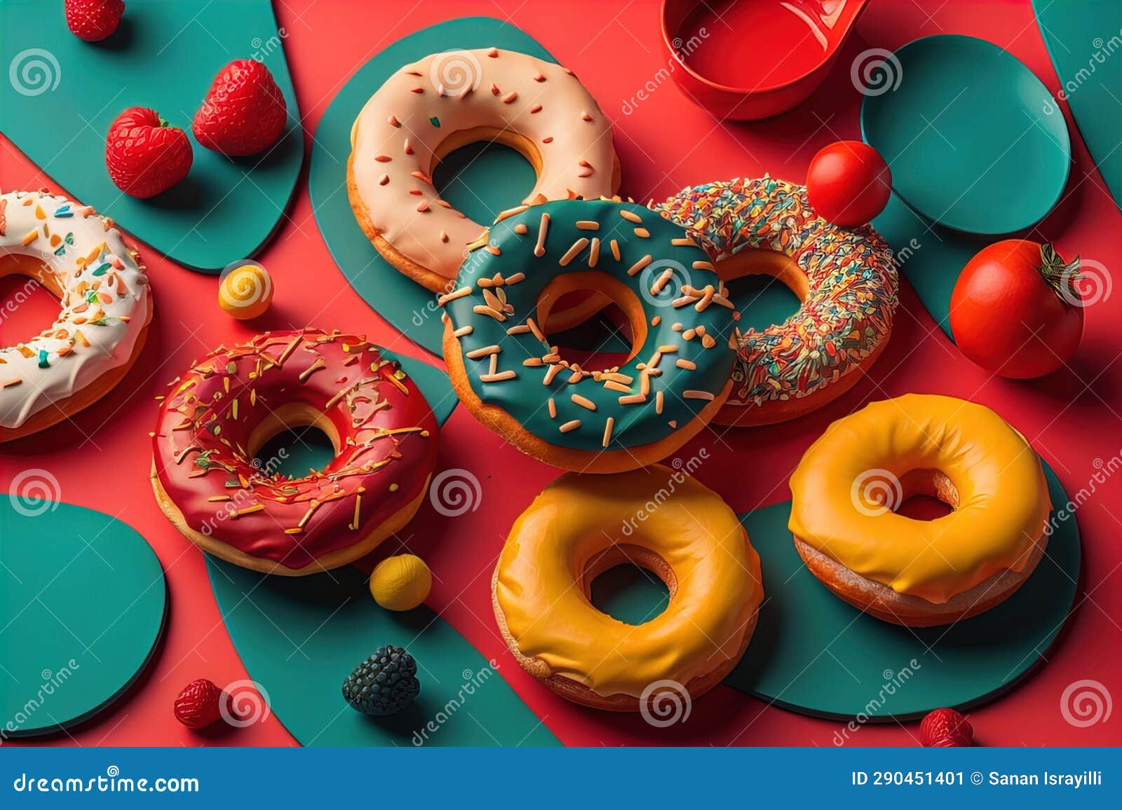 Variety of Donuts on a Solid Color Background. Top View Stock ...