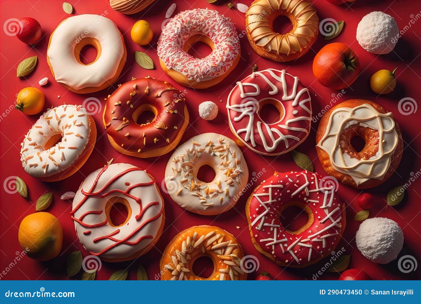Variety of Donuts on a Solid Color Background. Top View Stock Photo ...