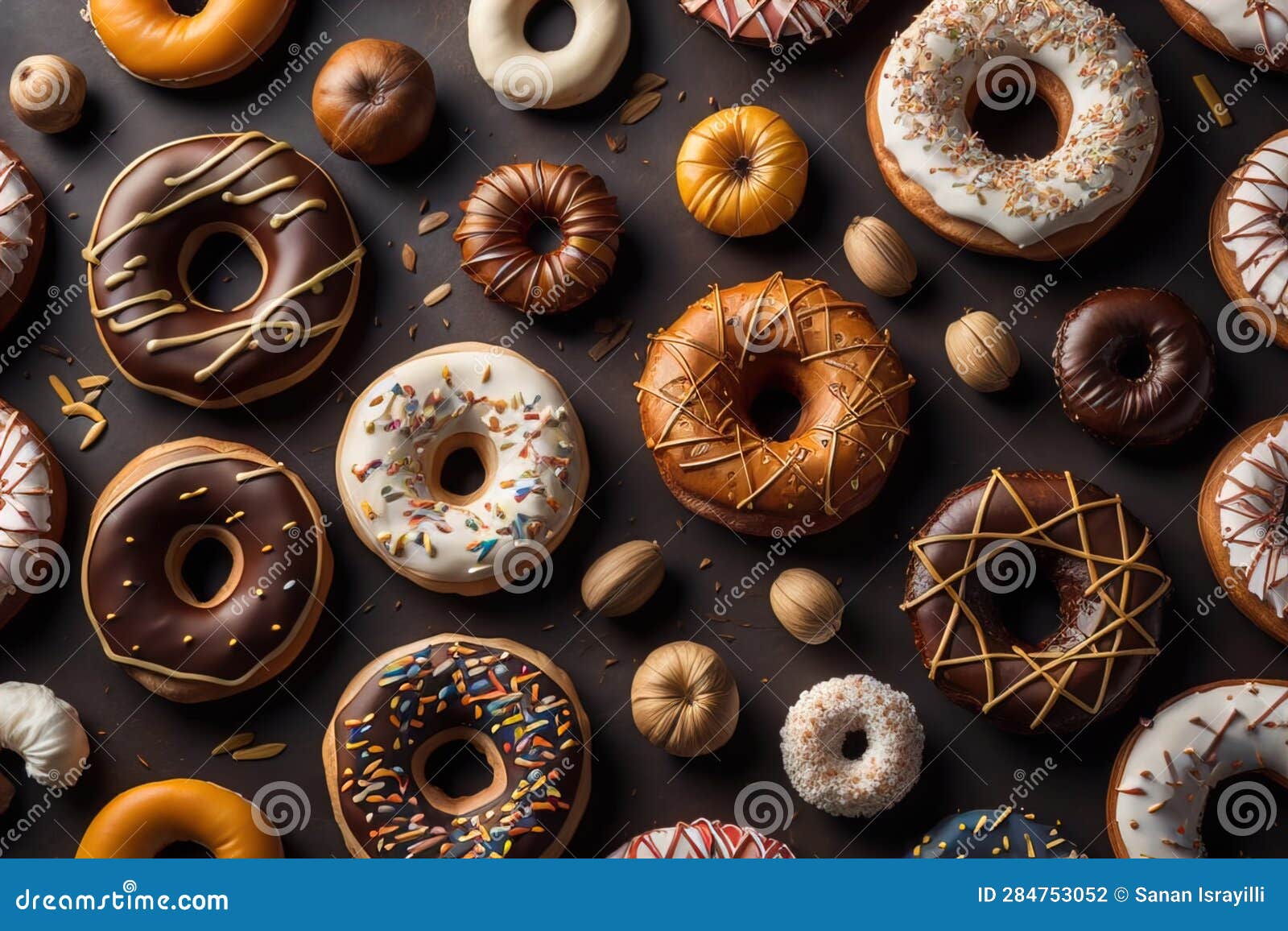Variety of Donuts on a Solid Color Background. Top View Stock Photo ...