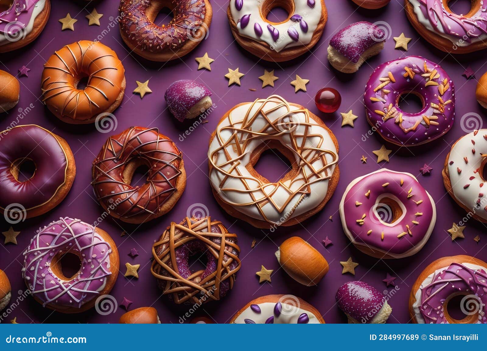 Variety of Donuts on a Solid Color Background. Top View Stock ...