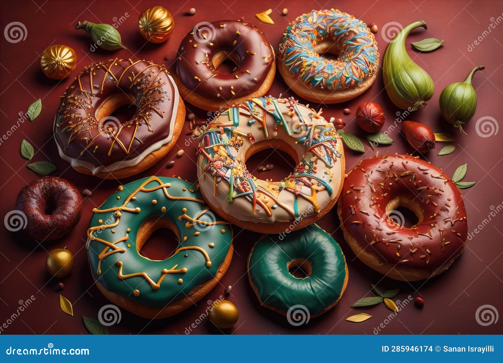 Variety of Donuts on a Solid Color Background. Top View Stock Photo ...