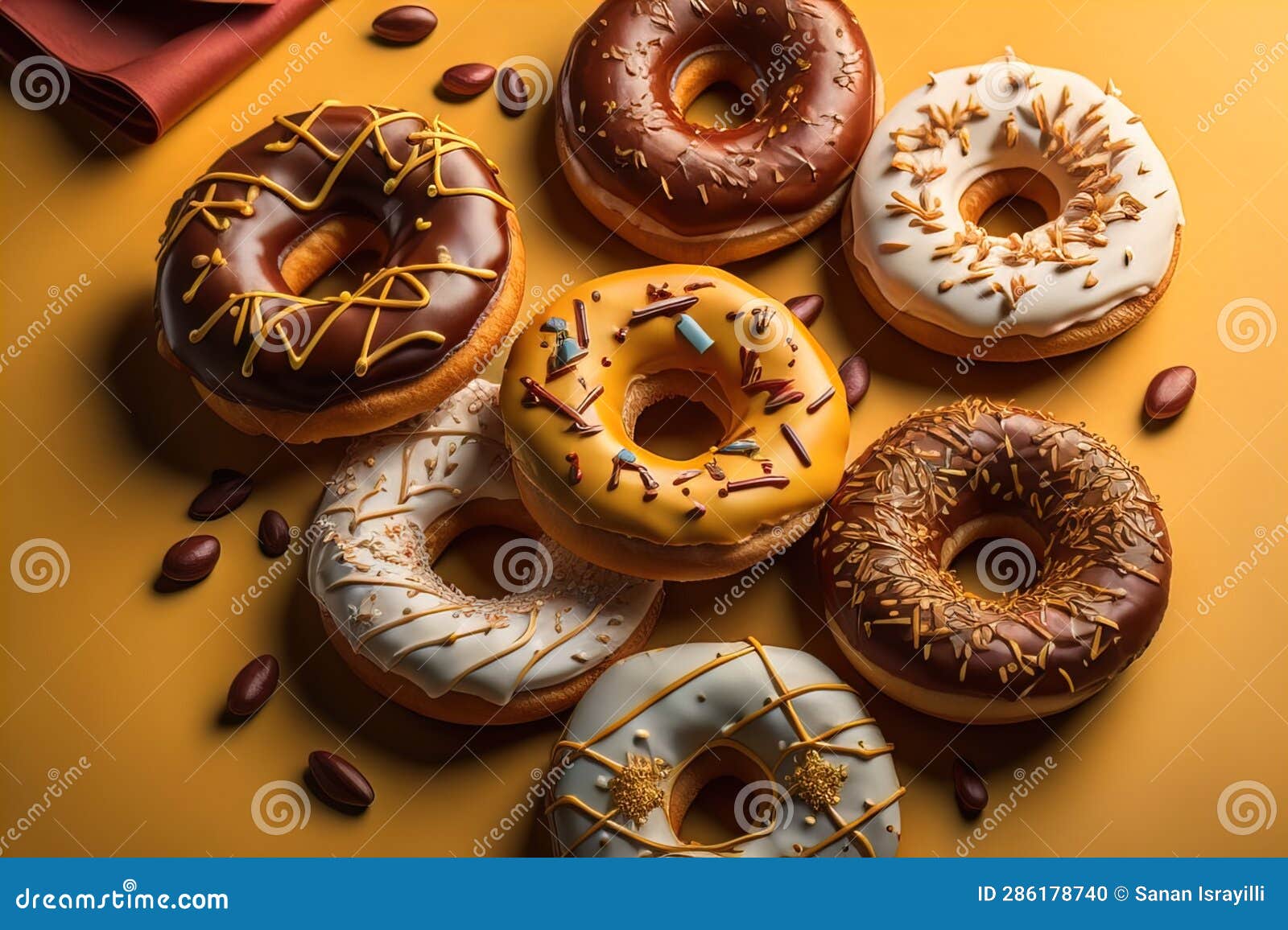 Variety of Donuts on a Solid Color Background. Top View Stock Photo ...