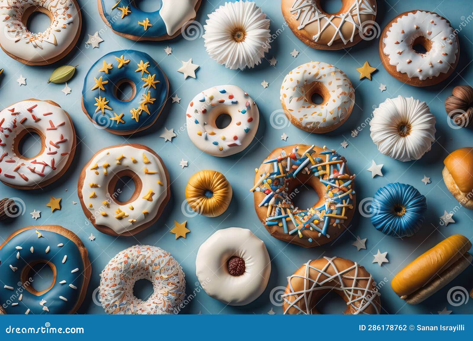 Variety of Donuts on a Solid Color Background. Top View Stock Photo ...