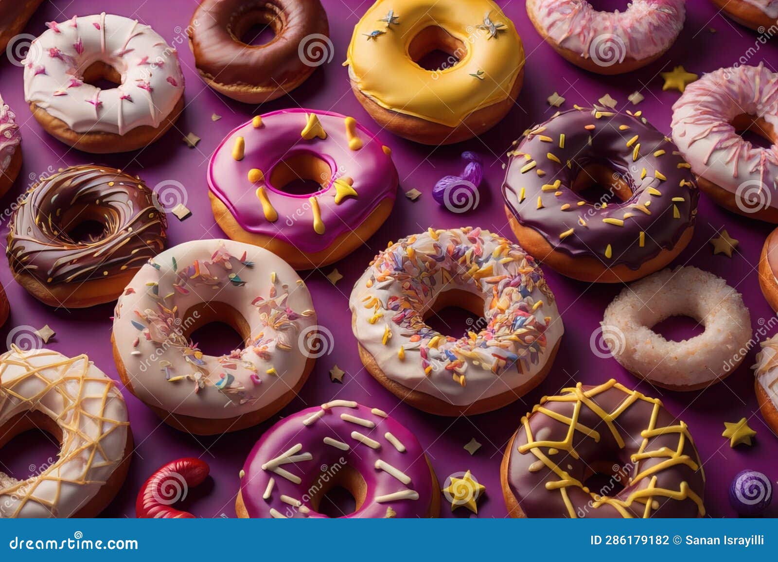 Variety of Donuts on a Solid Color Background. Top View Stock Photo ...