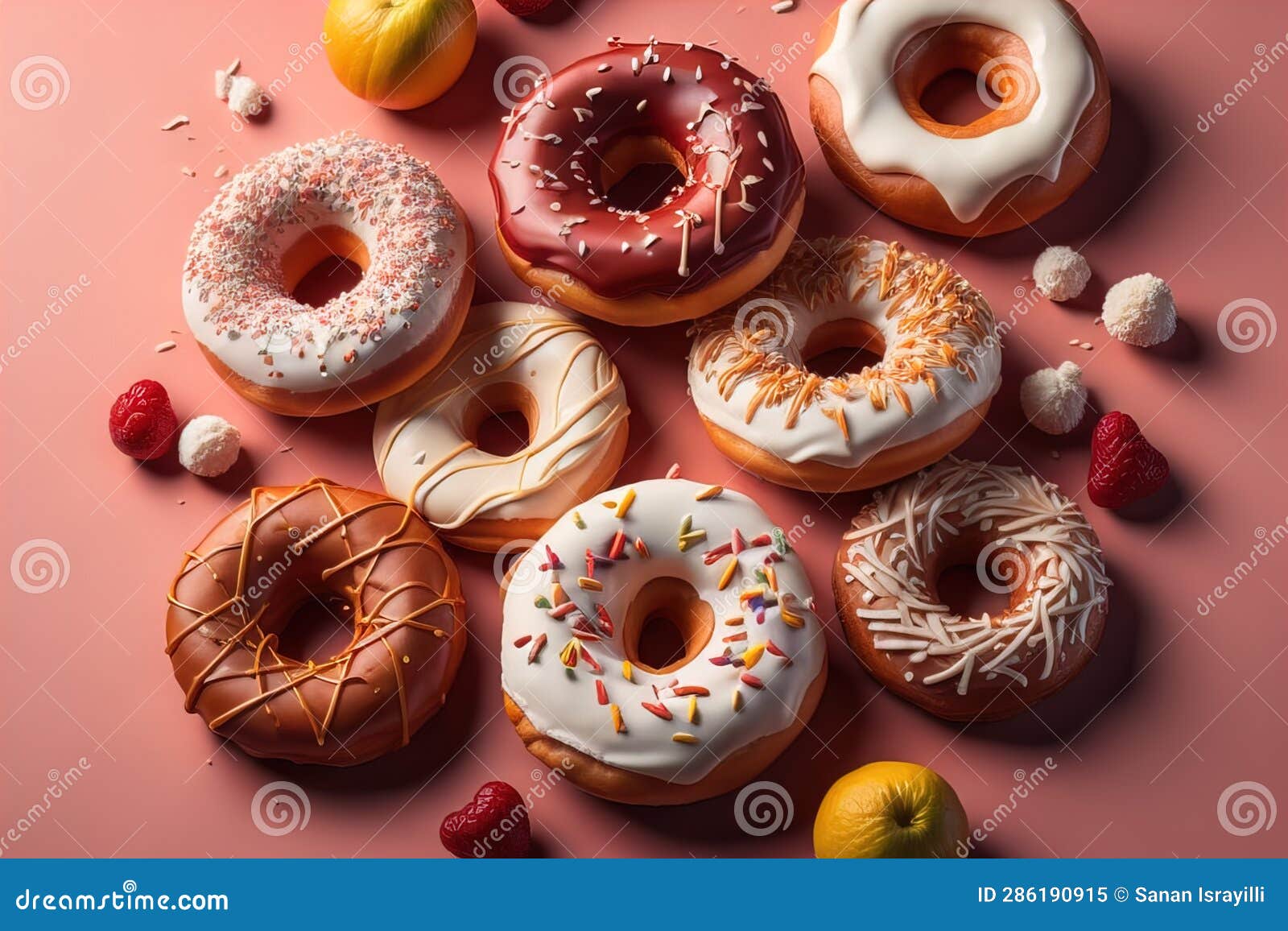 Variety of Donuts on a Solid Color Background. Top View Stock Image ...