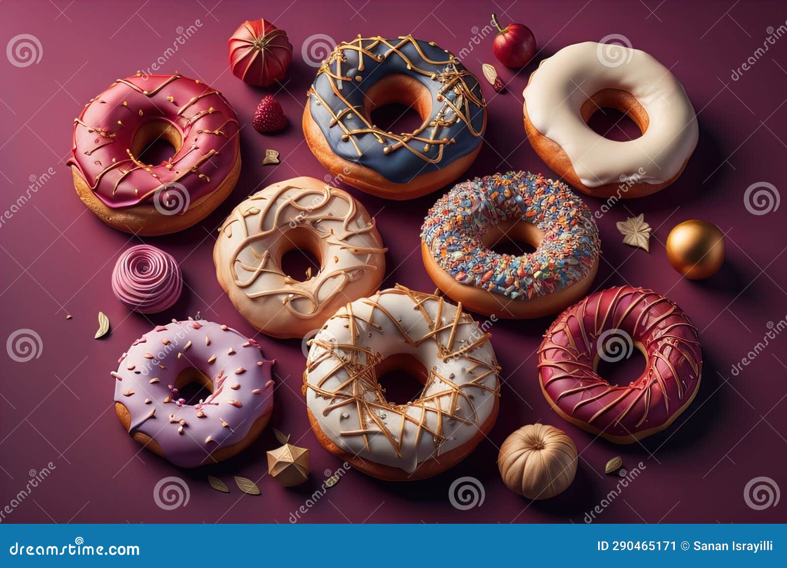 Variety of Donuts on a Solid Color Background. Top View Stock Image ...