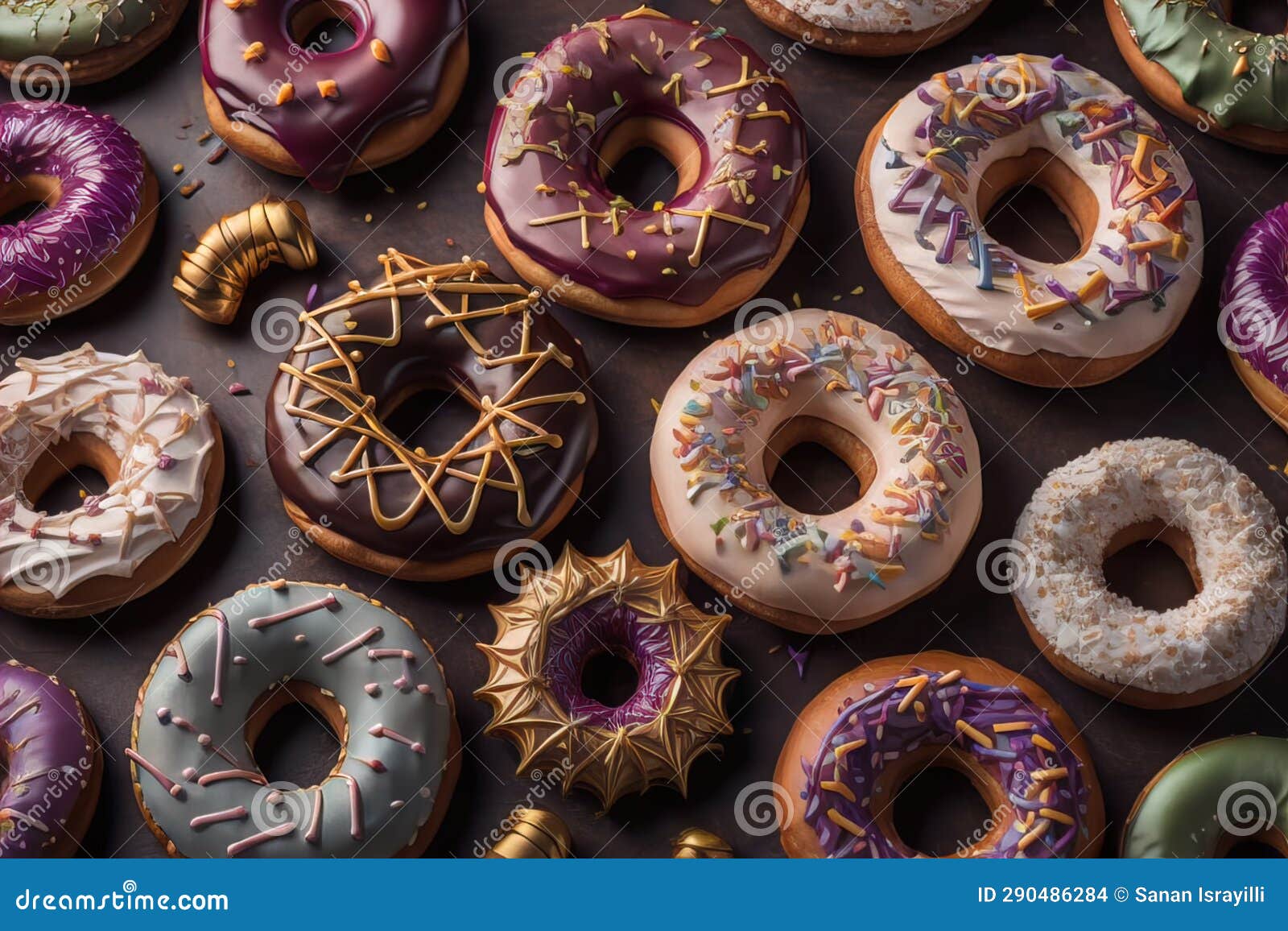Variety of Donuts on a Solid Color Background. Top View Stock Photo ...