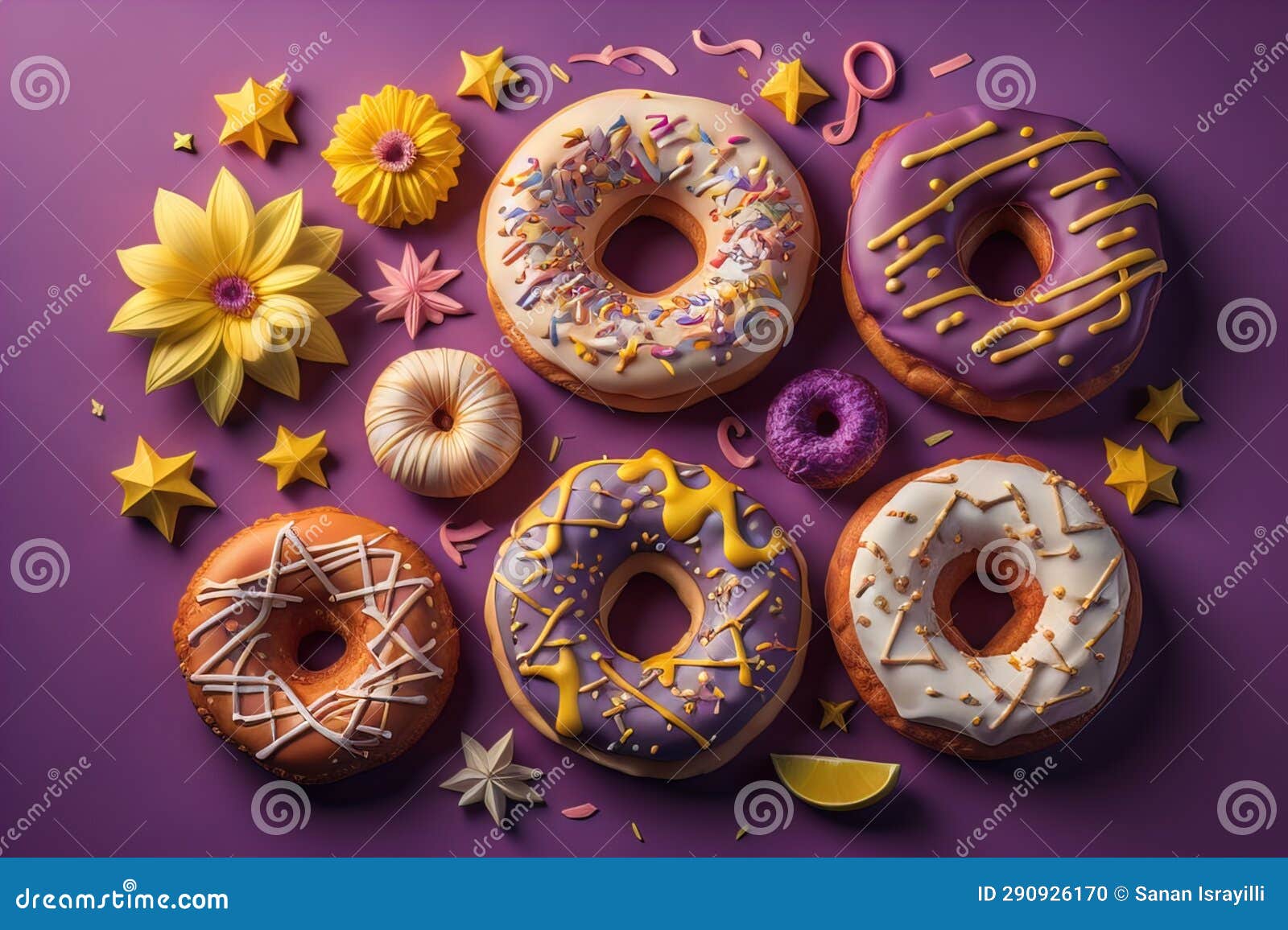 Variety of Donuts on a Solid Color Background. Top View Stock Photo ...