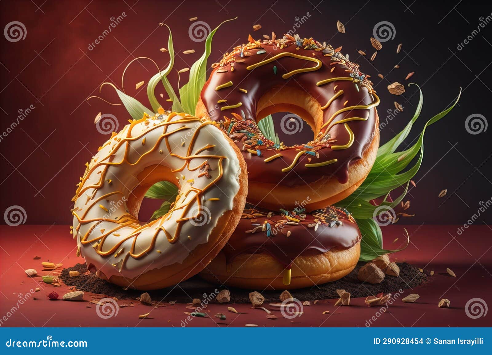Variety of Donuts on a Solid Color Background. Top View Stock Photo ...