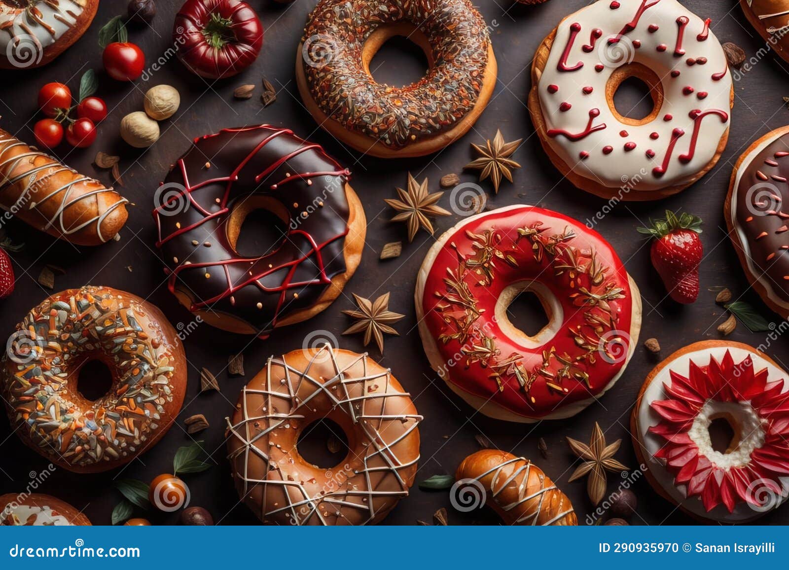 Variety of Donuts on a Solid Color Background. Top View Stock Photo ...