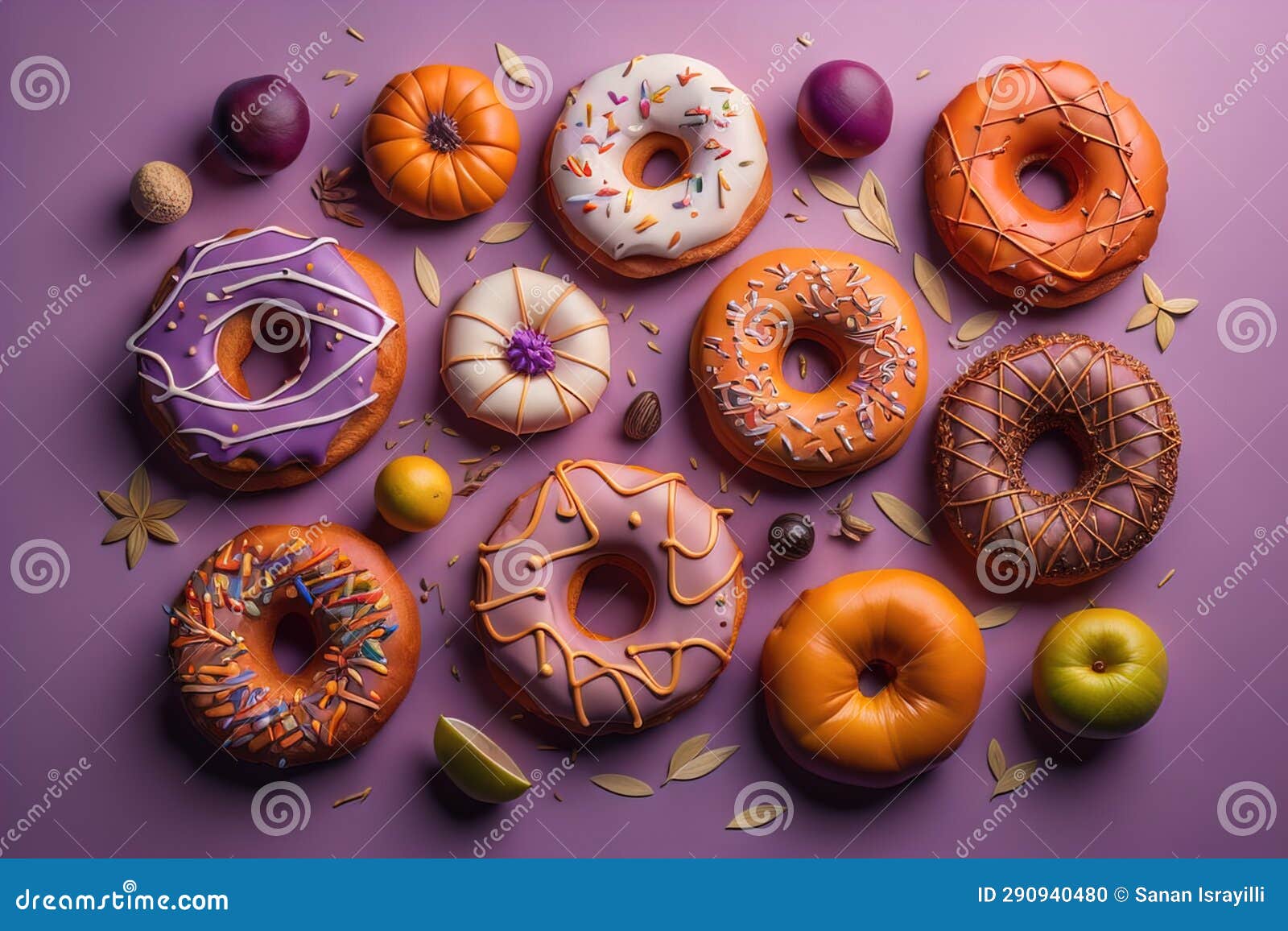 Variety of Donuts on a Solid Color Background. Top View Stock Photo ...