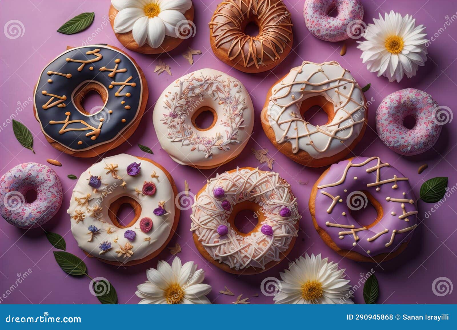 Variety of Donuts on a Solid Color Background. Top View Stock Photo ...