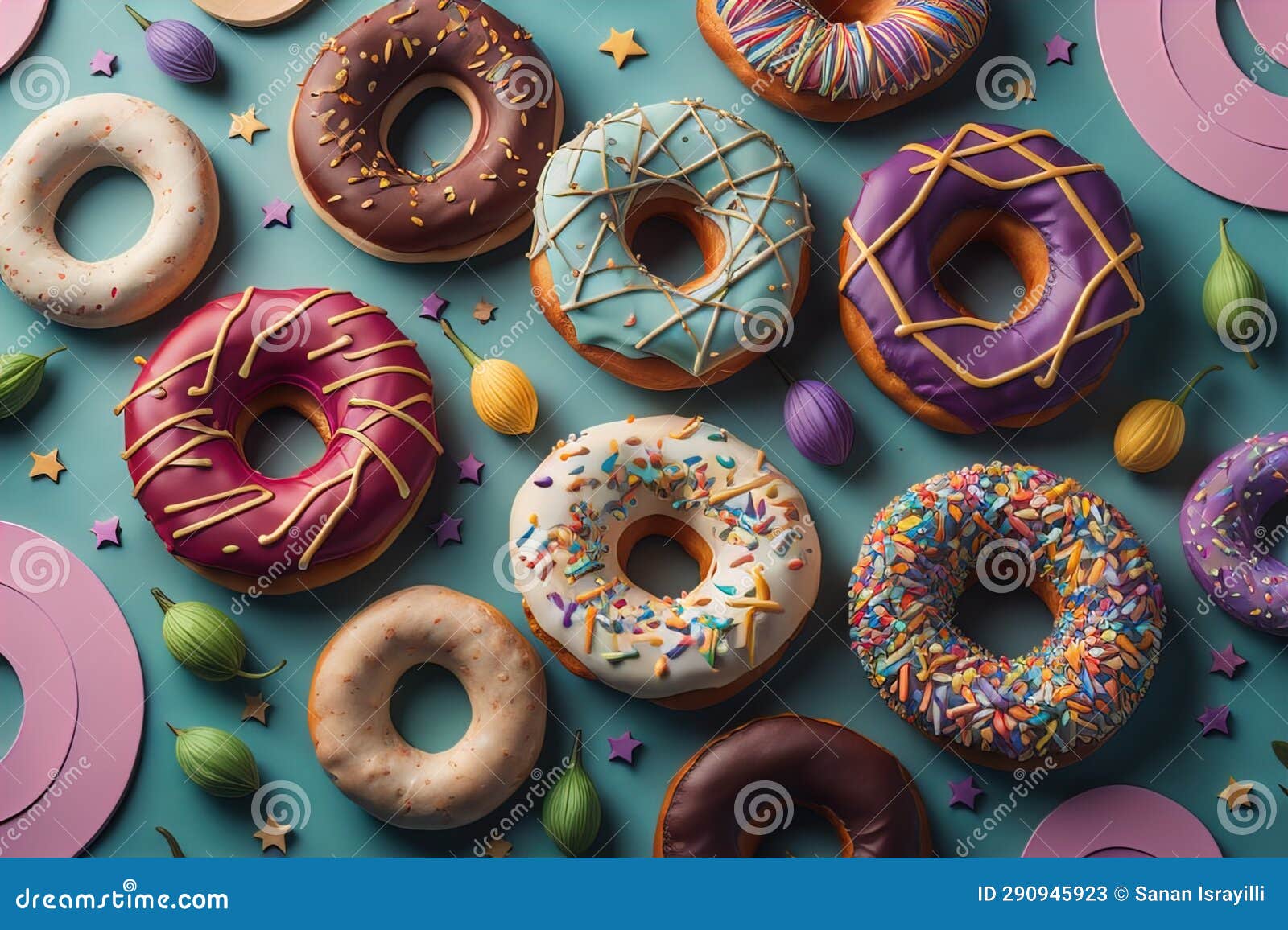 Variety of Donuts on a Solid Color Background. Top View Stock Image ...