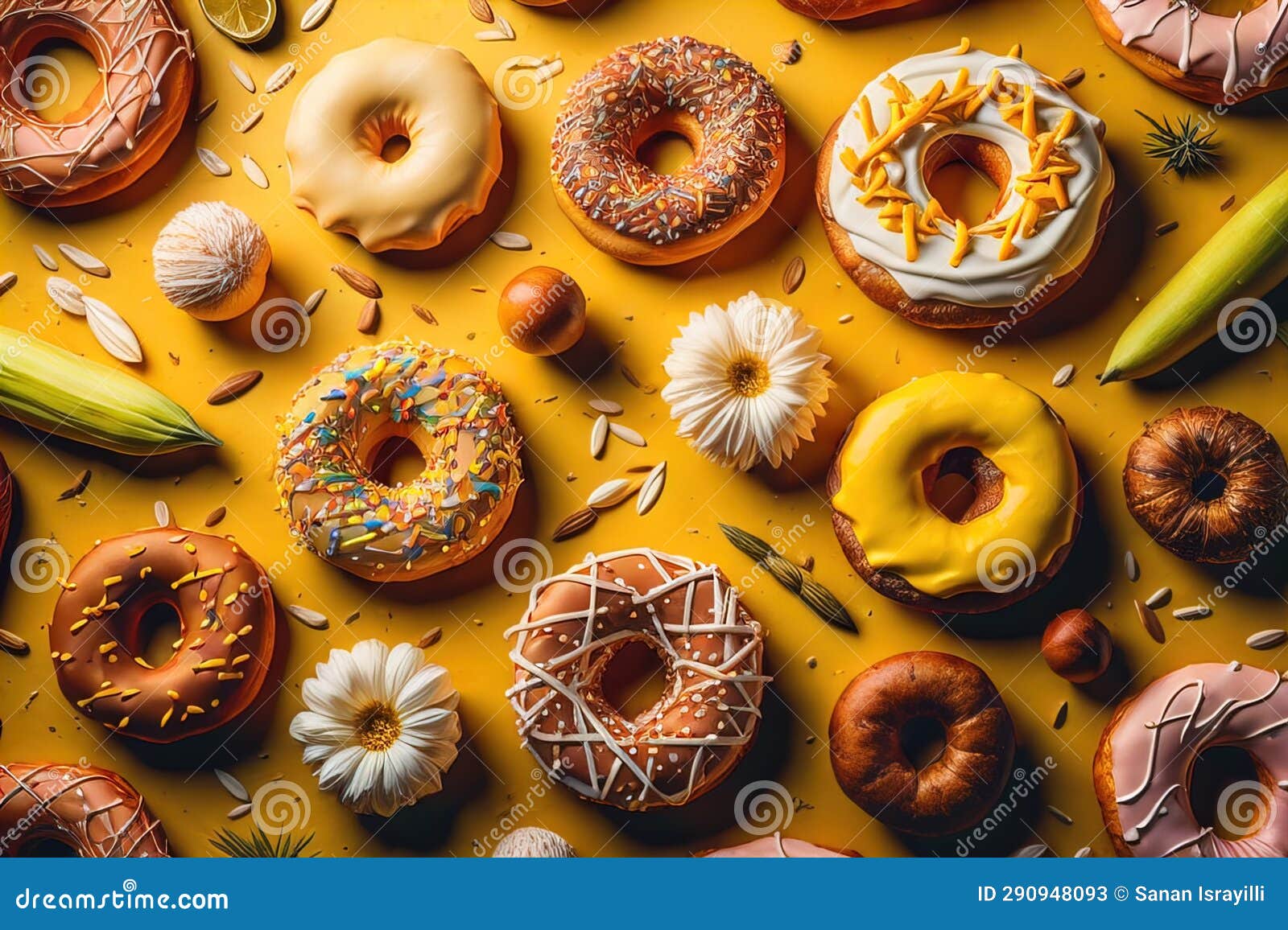 Variety of Donuts on a Solid Color Background. Top View Stock Image ...