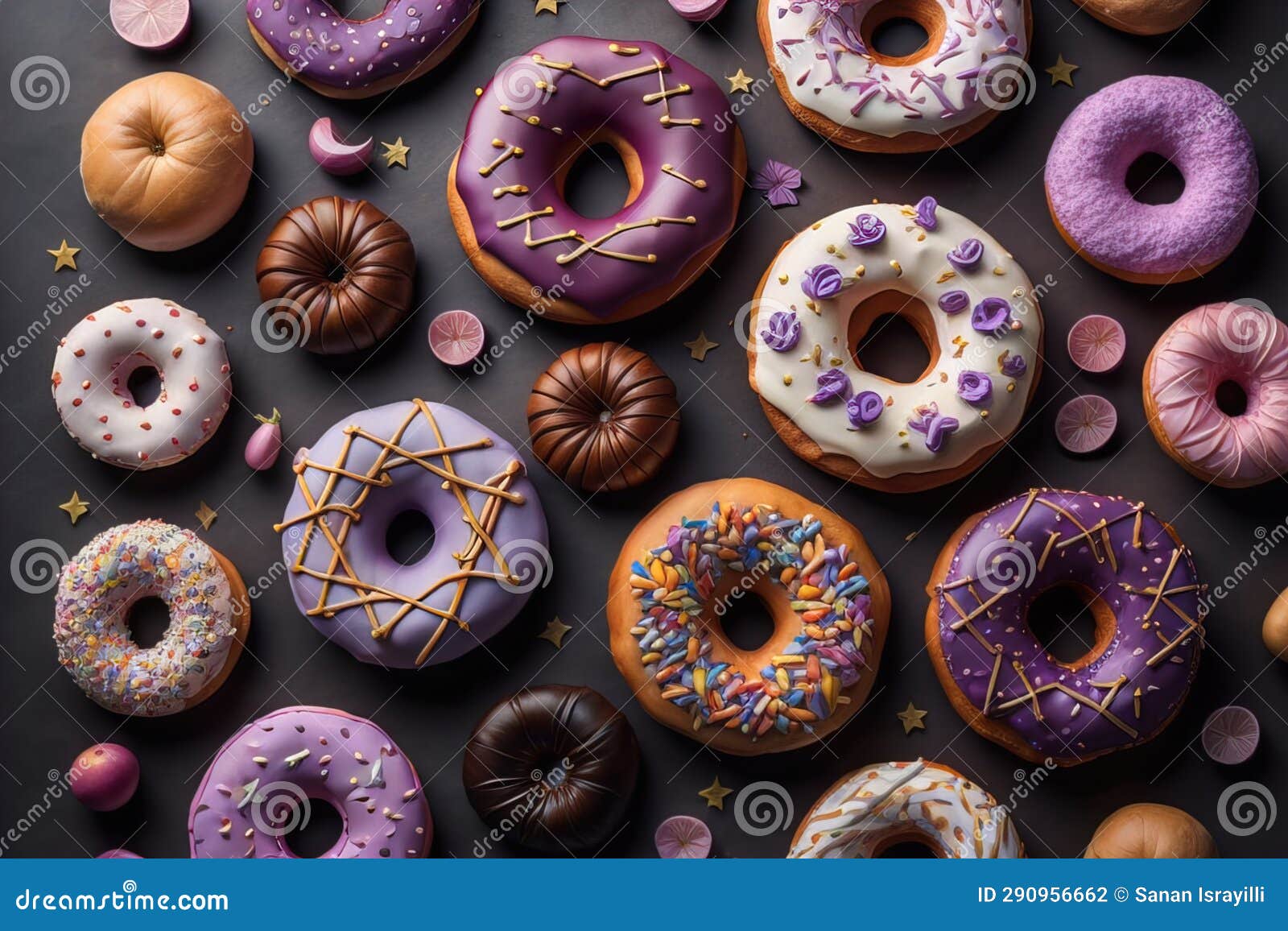 Variety of Donuts on a Solid Color Background. Top View Stock Photo ...