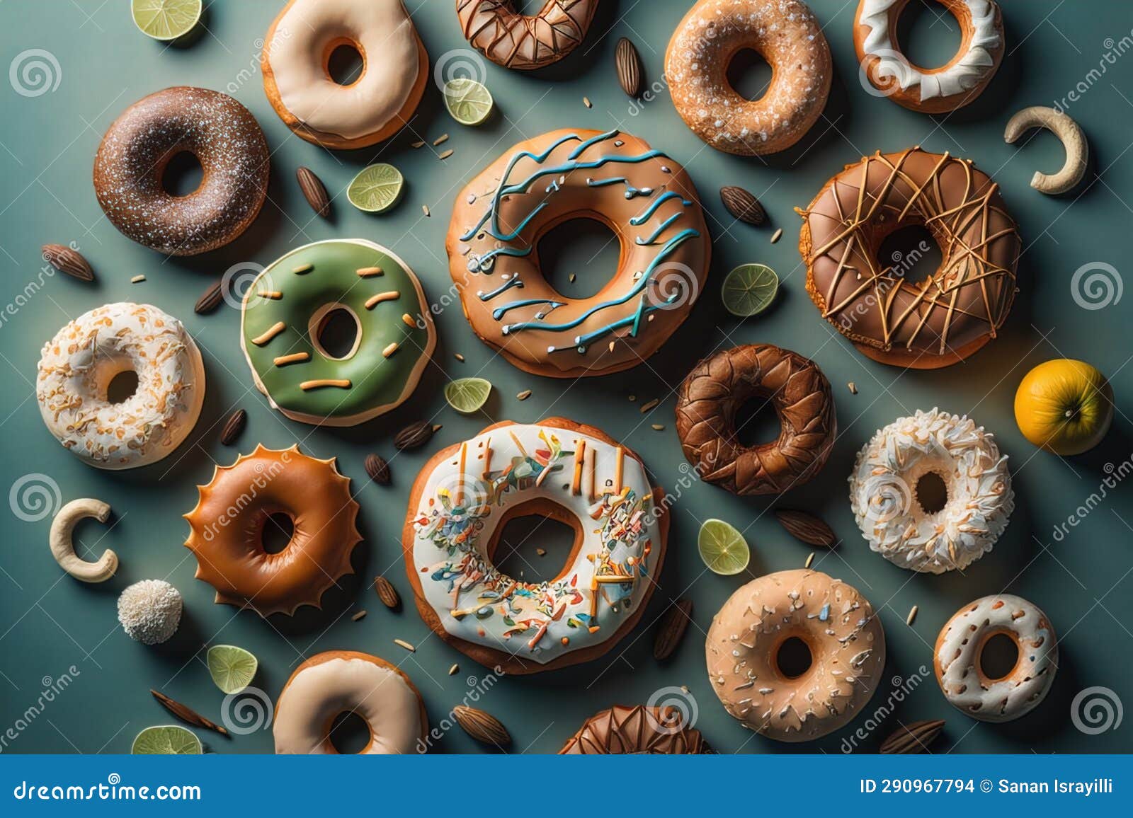 Variety of Donuts on a Solid Color Background. Top View Stock Photo ...