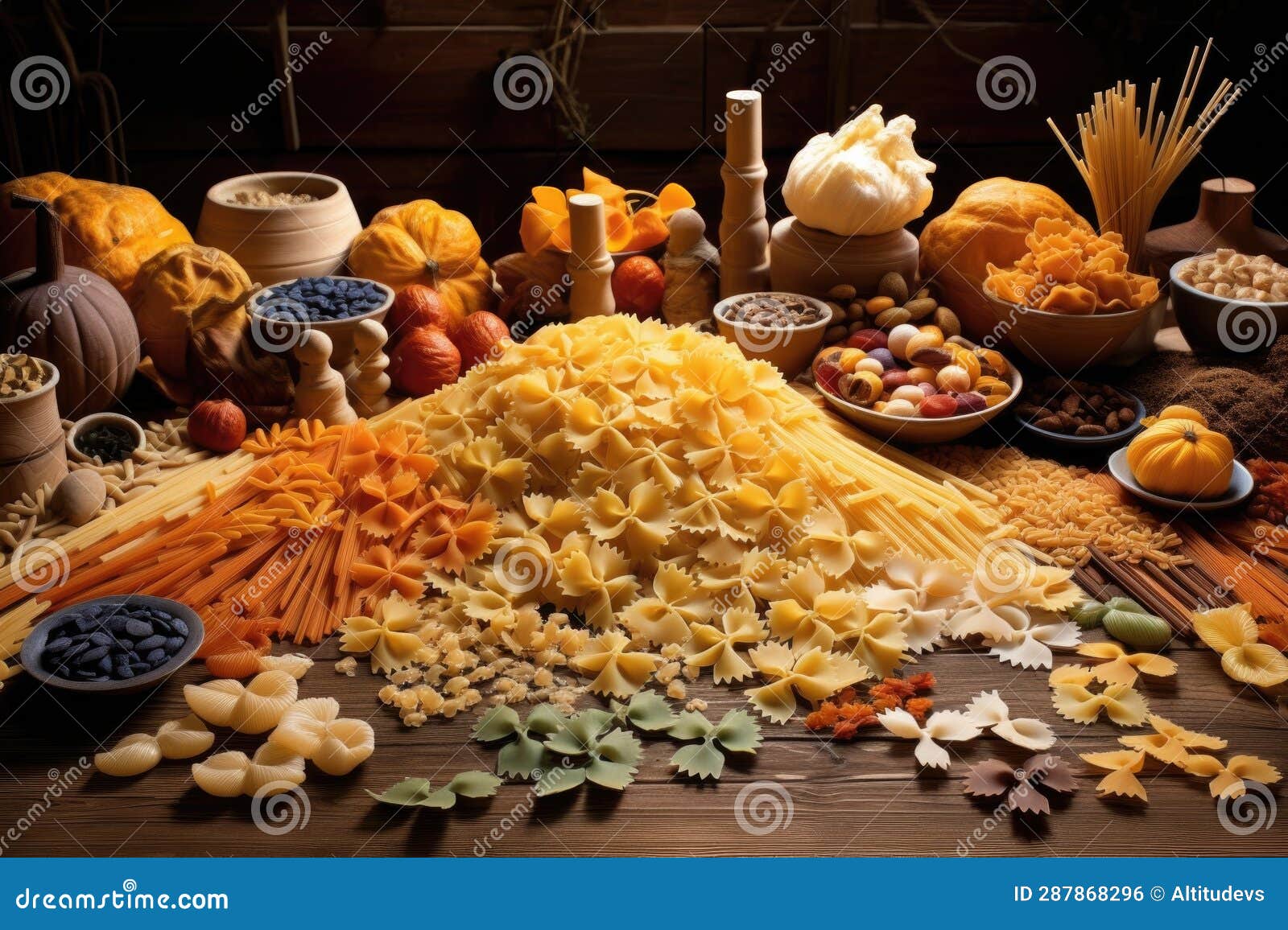 Variety of Dry Pasta Shapes on Table Stock Illustration - Illustration ...