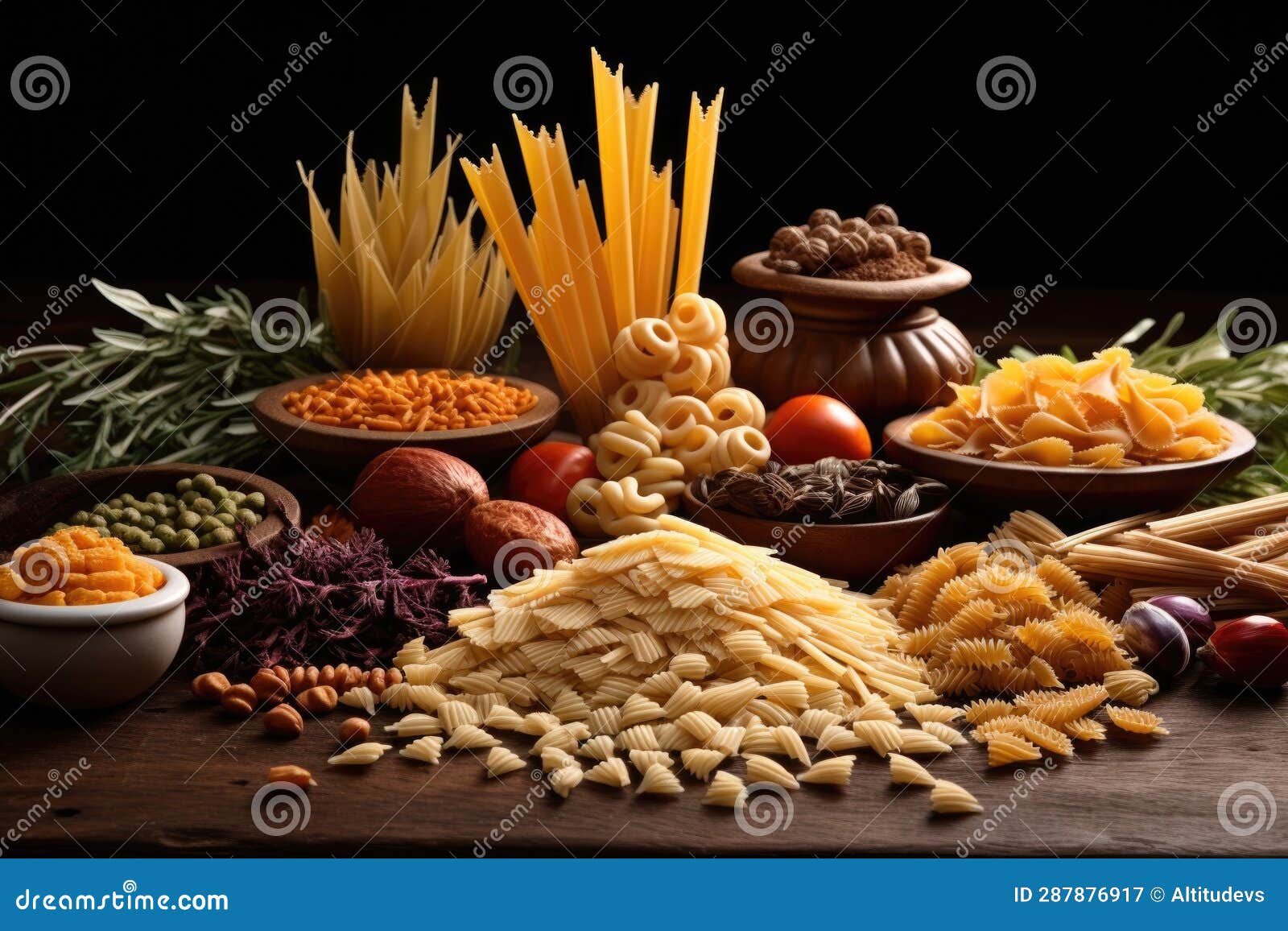 Variety of Dry Pasta Shapes on Table Stock Illustration - Illustration ...