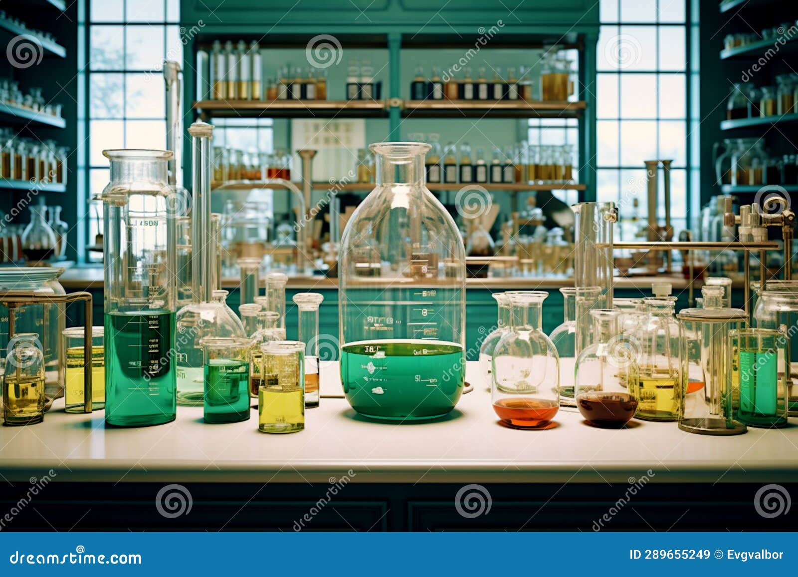 A Variety of Flasks and Test Tubes Stand on a Table in a Chemical ...