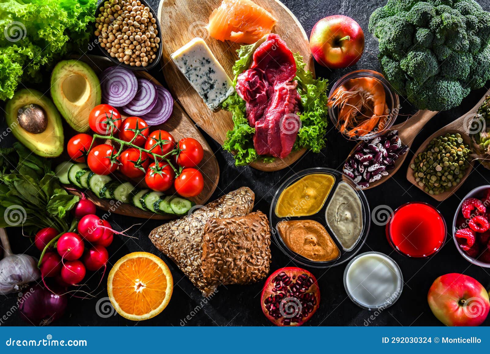 A Variety of Food Products Representing Balanced Diet Stock Photo ...