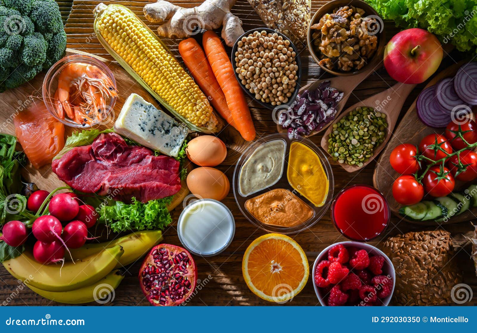A Variety of Food Products Representing Balanced Diet Stock Photo ...