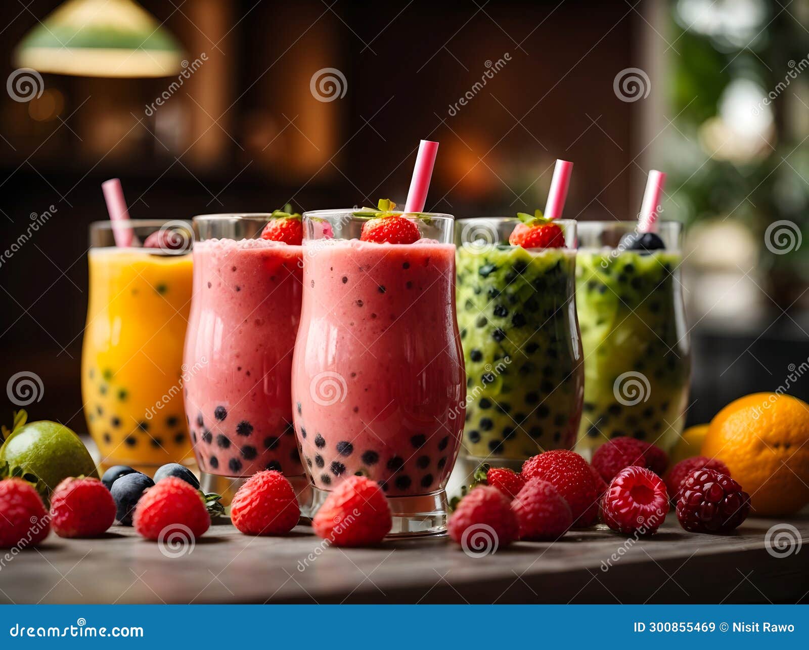 Variety of Fresh Bubble Tea with Fruits Stock Image - Image of boba ...