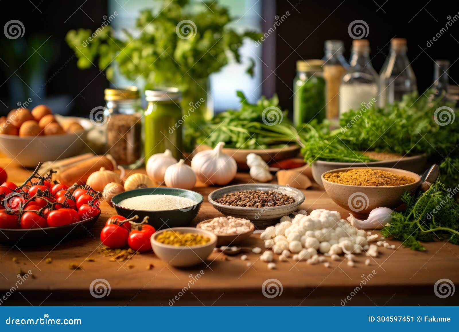 Variety of Fresh Cooking Ingredients on Table. Stock Image - Image of ...