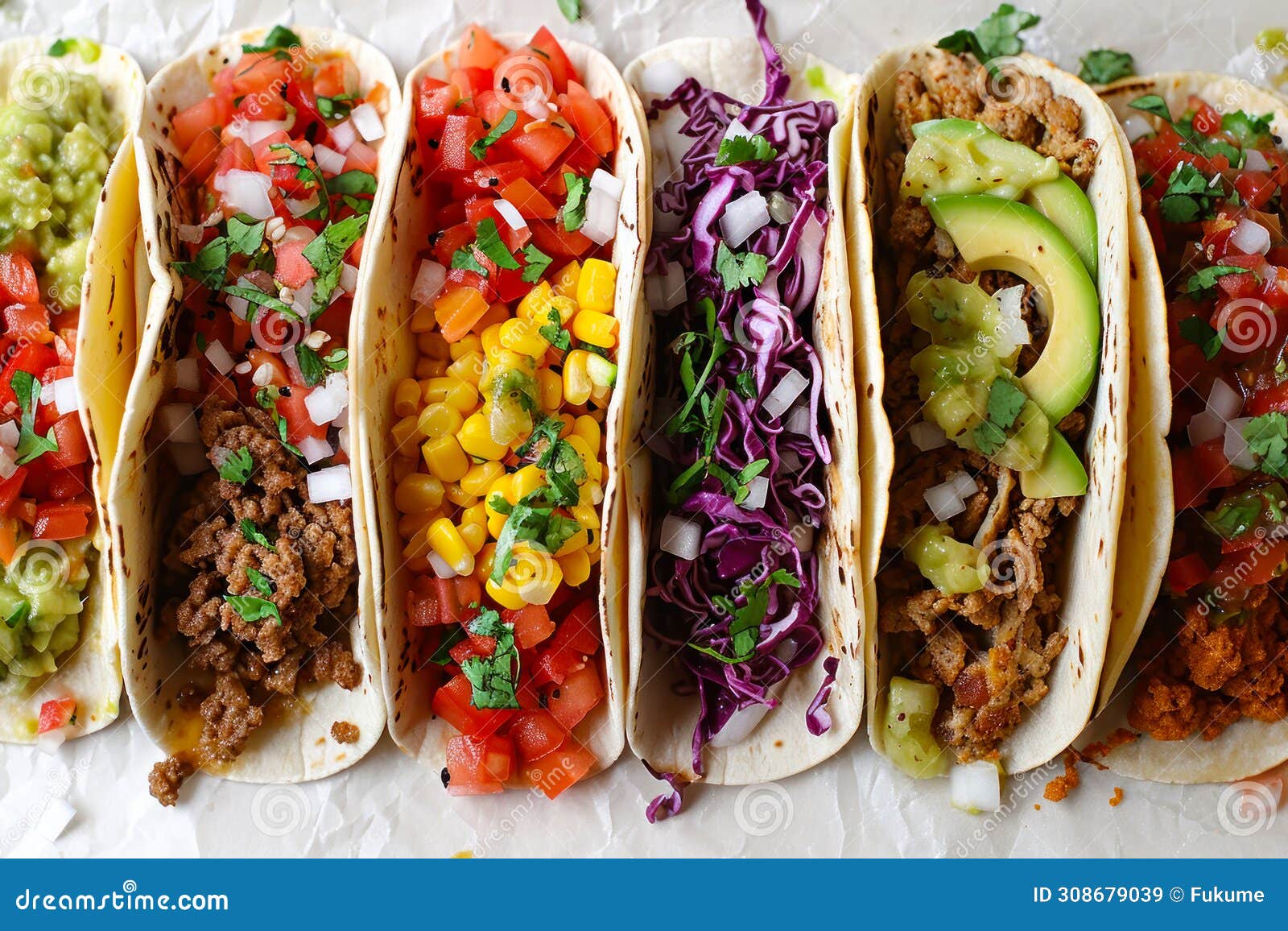 Variety of Fresh Tacos on Bright Surface. Stock Image - Image of meat ...