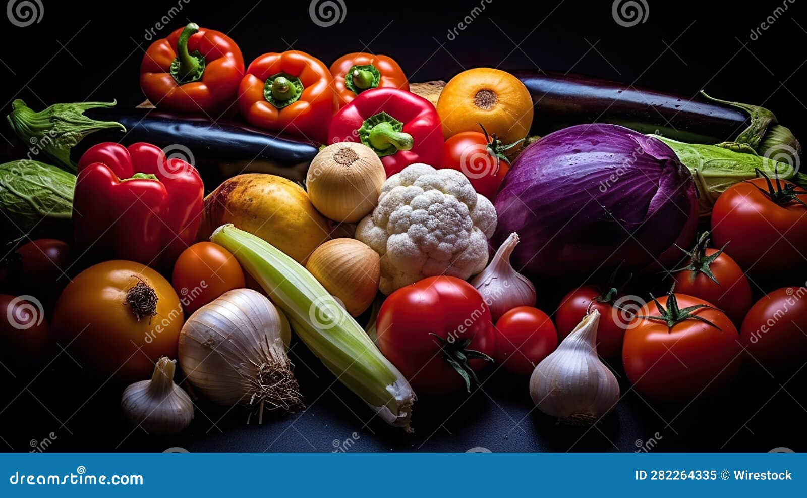 Variety of Fresh Vegetables on a Black Backdrop Stock Illustration ...