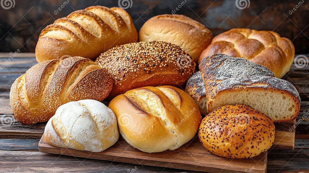 Variety of Freshly Baked Bread Arranged on a Wooden Surface in a ...