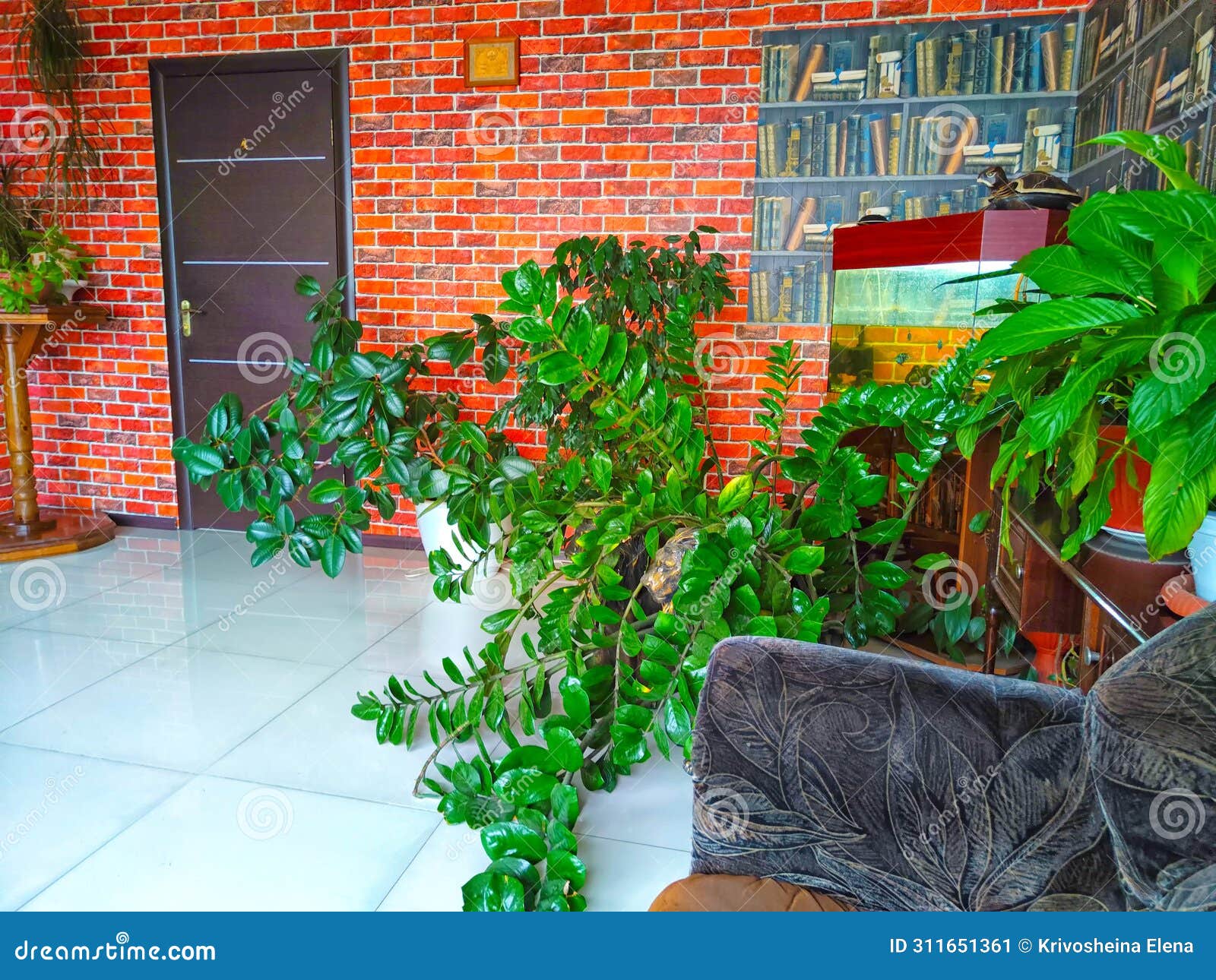 A Variety of Green Plants Complement a Home Library with a Red Brick ...