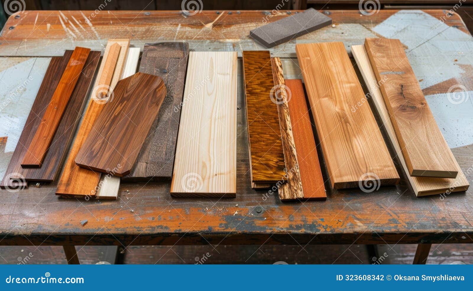 Variety of Hardwood Samples on Workbench for Carpentry and Woodworking ...