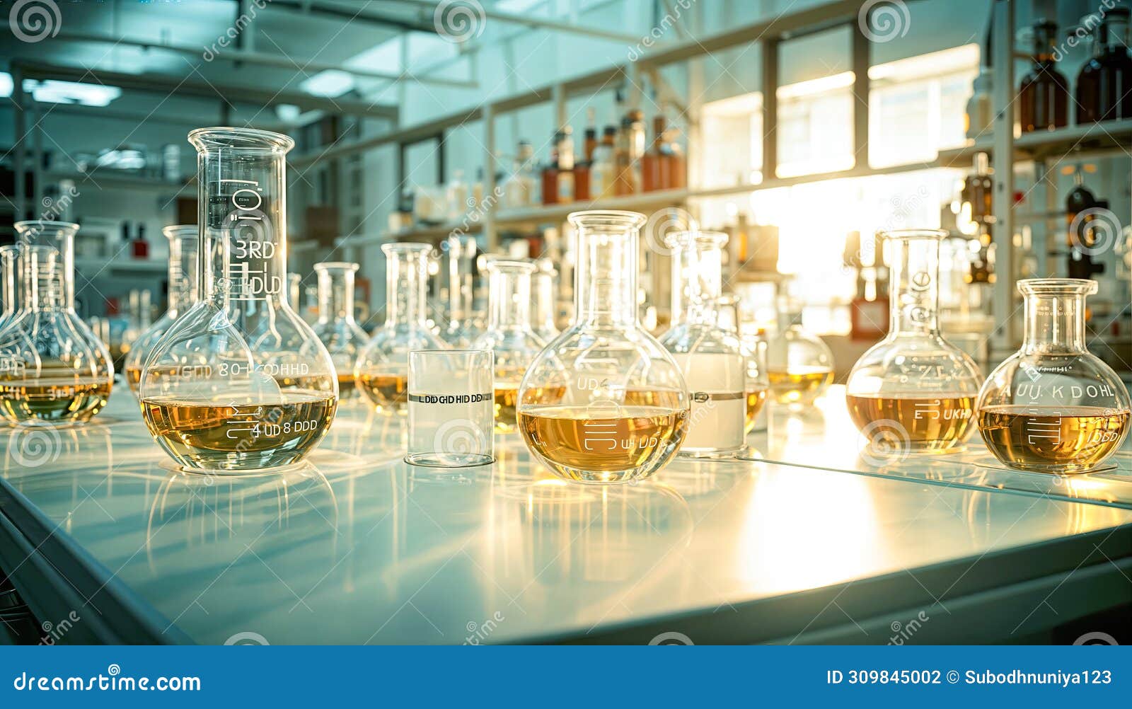 A Variety of Laboratory Glassware is Arranged on a Lab Bench with a ...