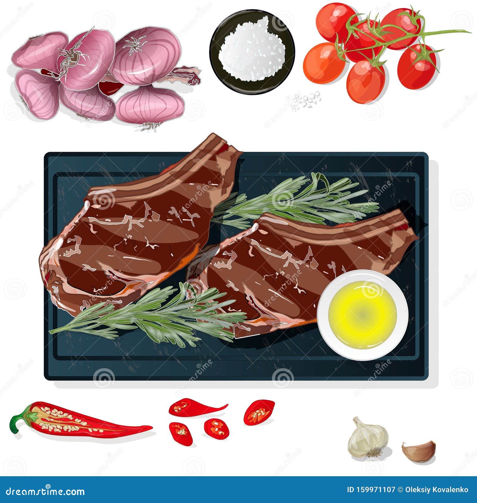 Variety of Meat Steaks on Board with Side Products and Herbs. Vector ...