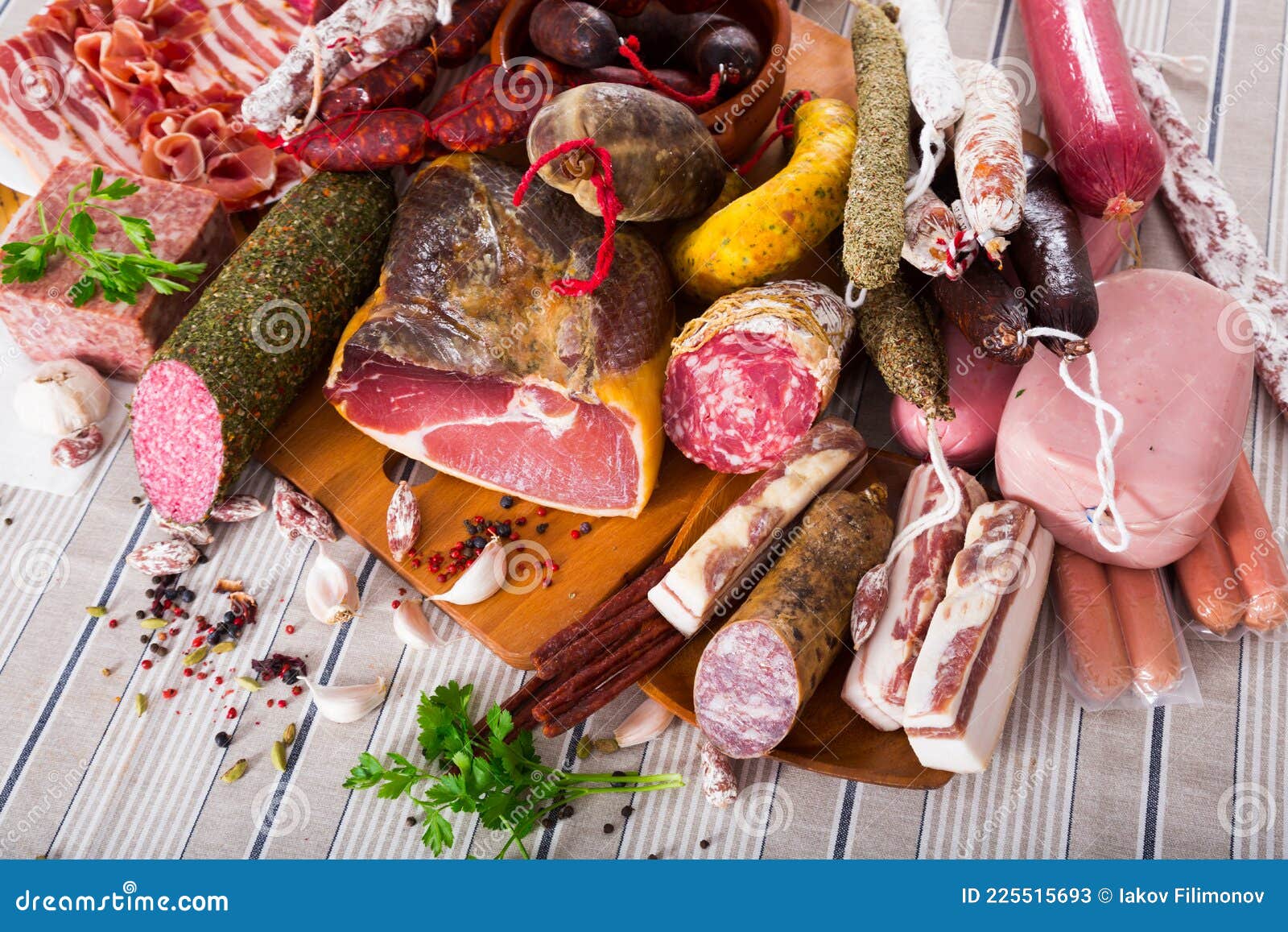 Variety of meats on table stock image. Image of satisfying - 225515693