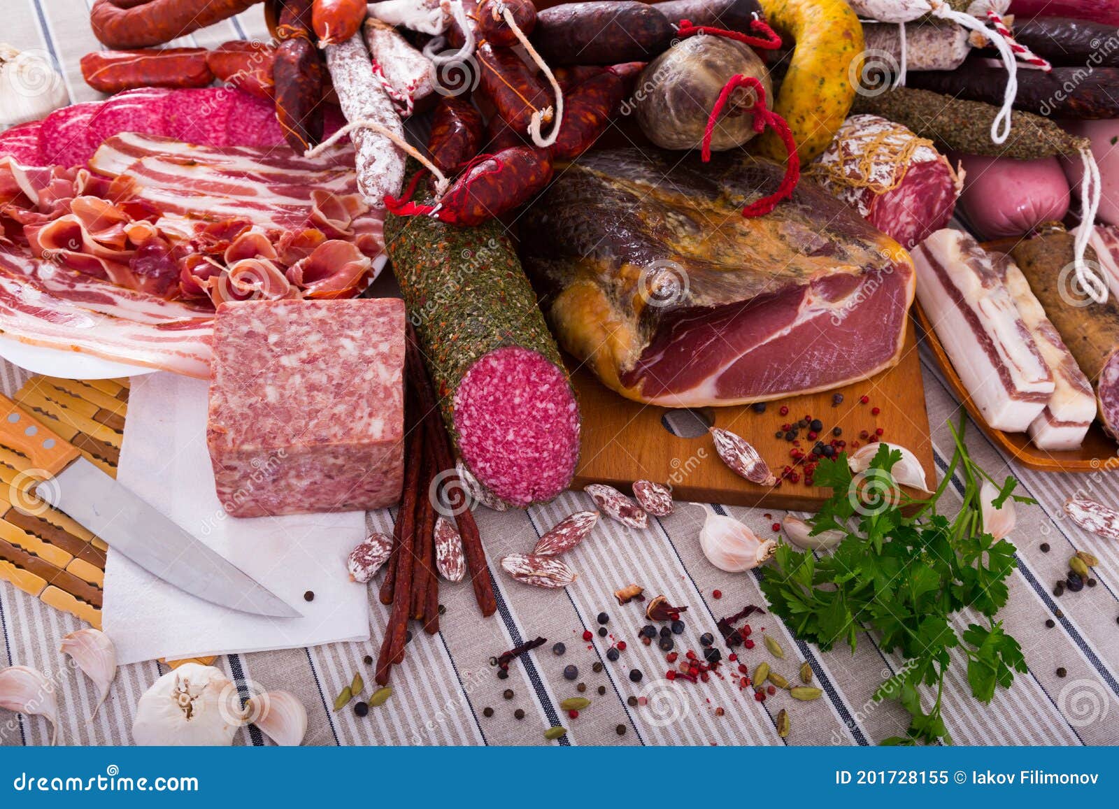 Variety of meats on table stock image. Image of food - 201728155