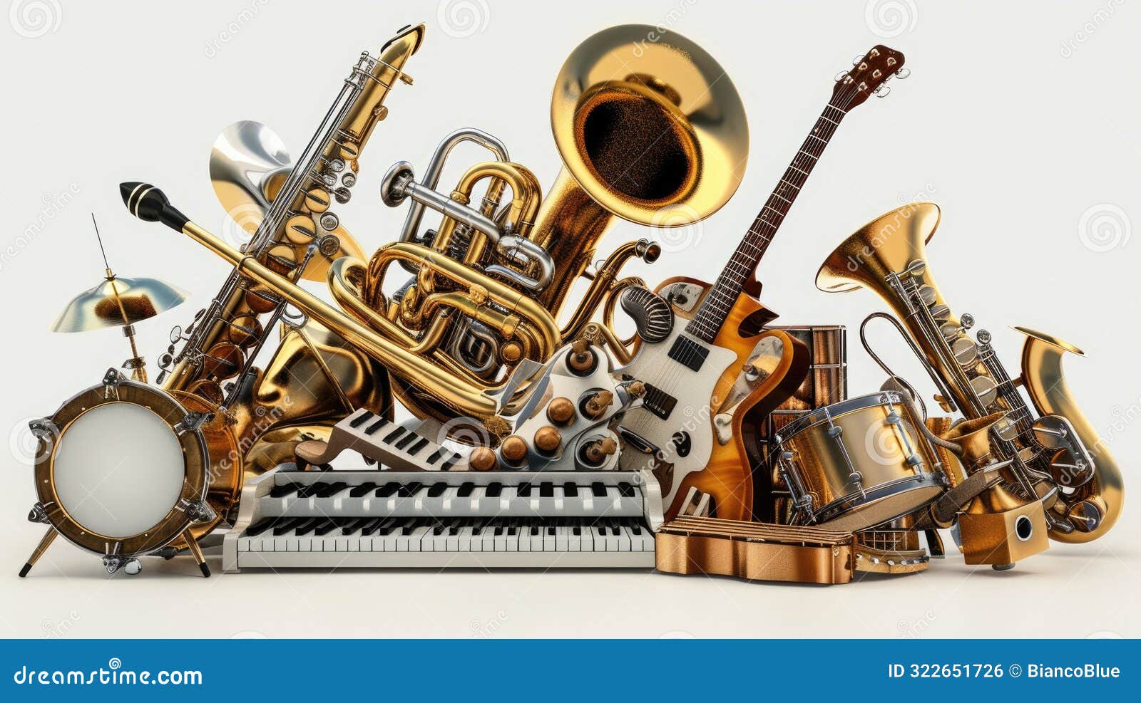 A Variety of Musical Instruments are Grouped Together on a White ...