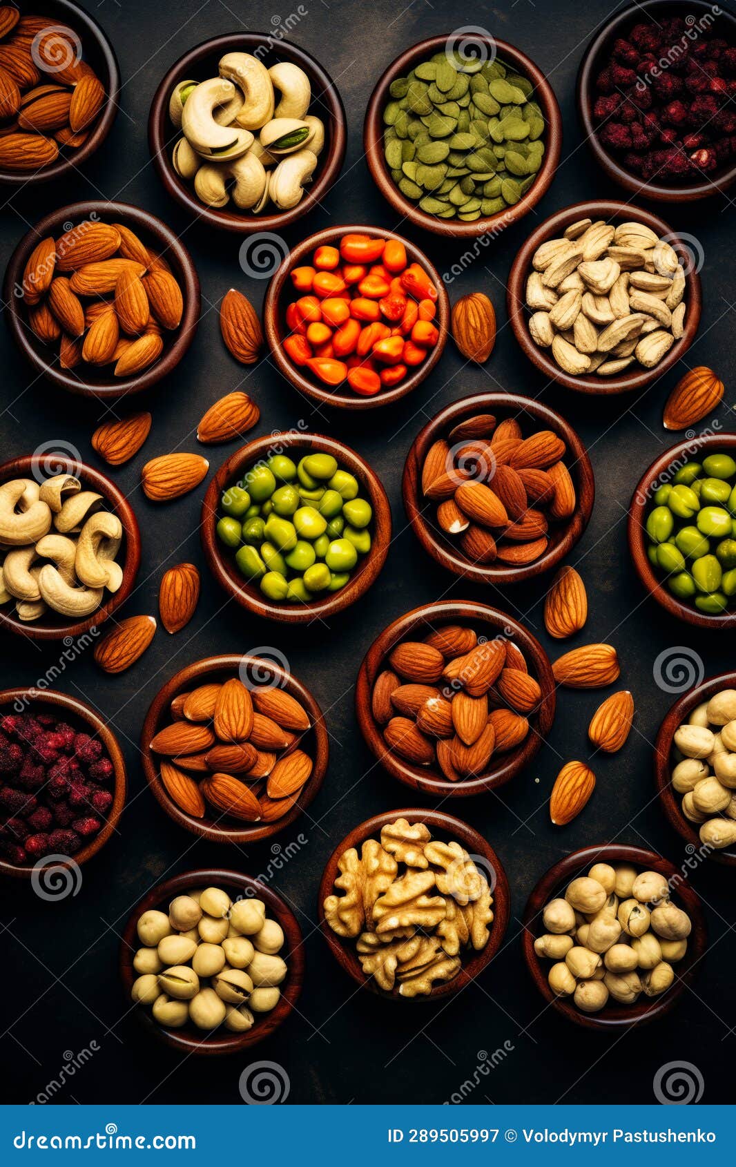Variety of Nuts and Nuts in Wooden Bowls on Table. Generative AI Stock ...