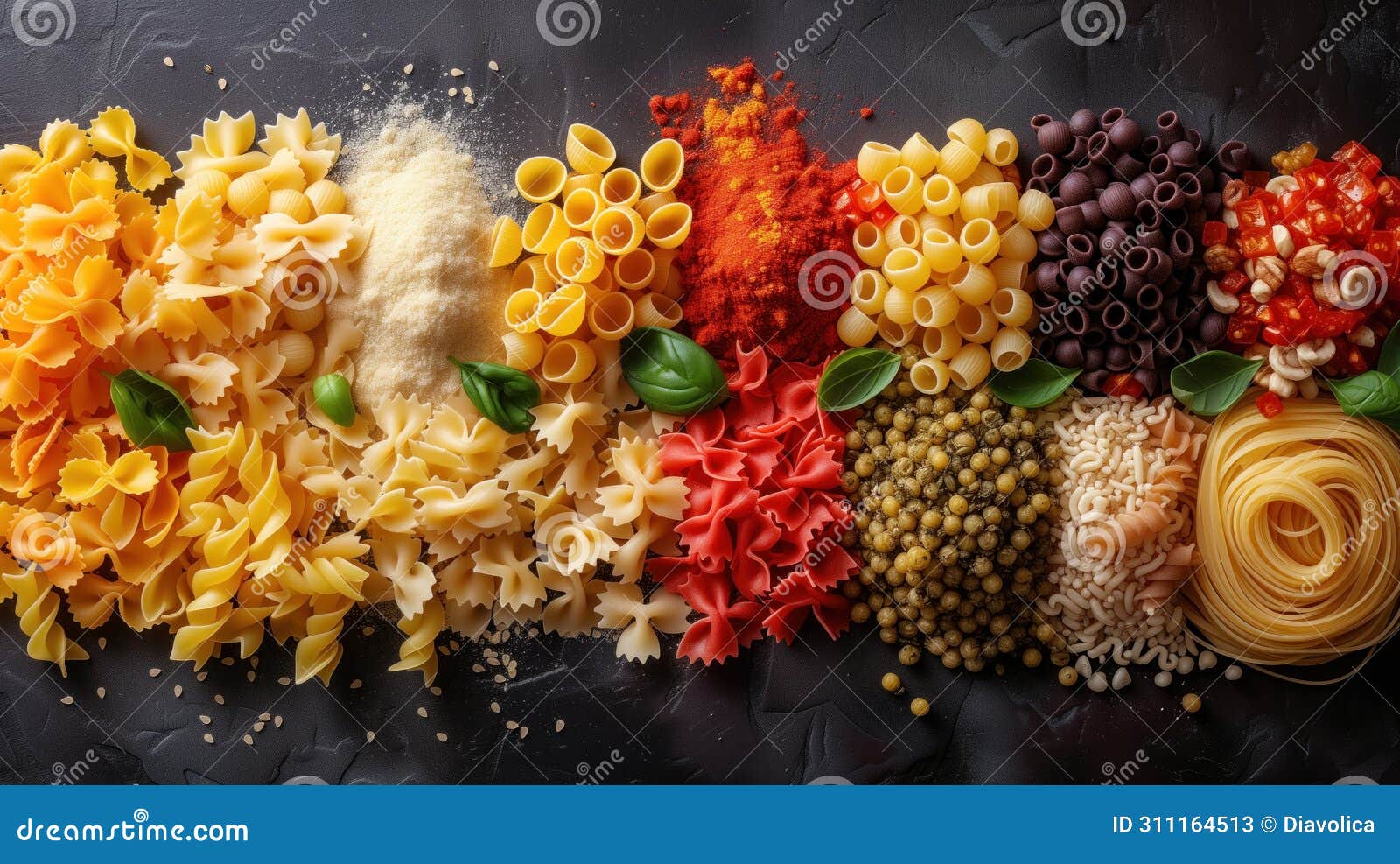 Variety of pasta top view stock illustration. Illustration of menu ...