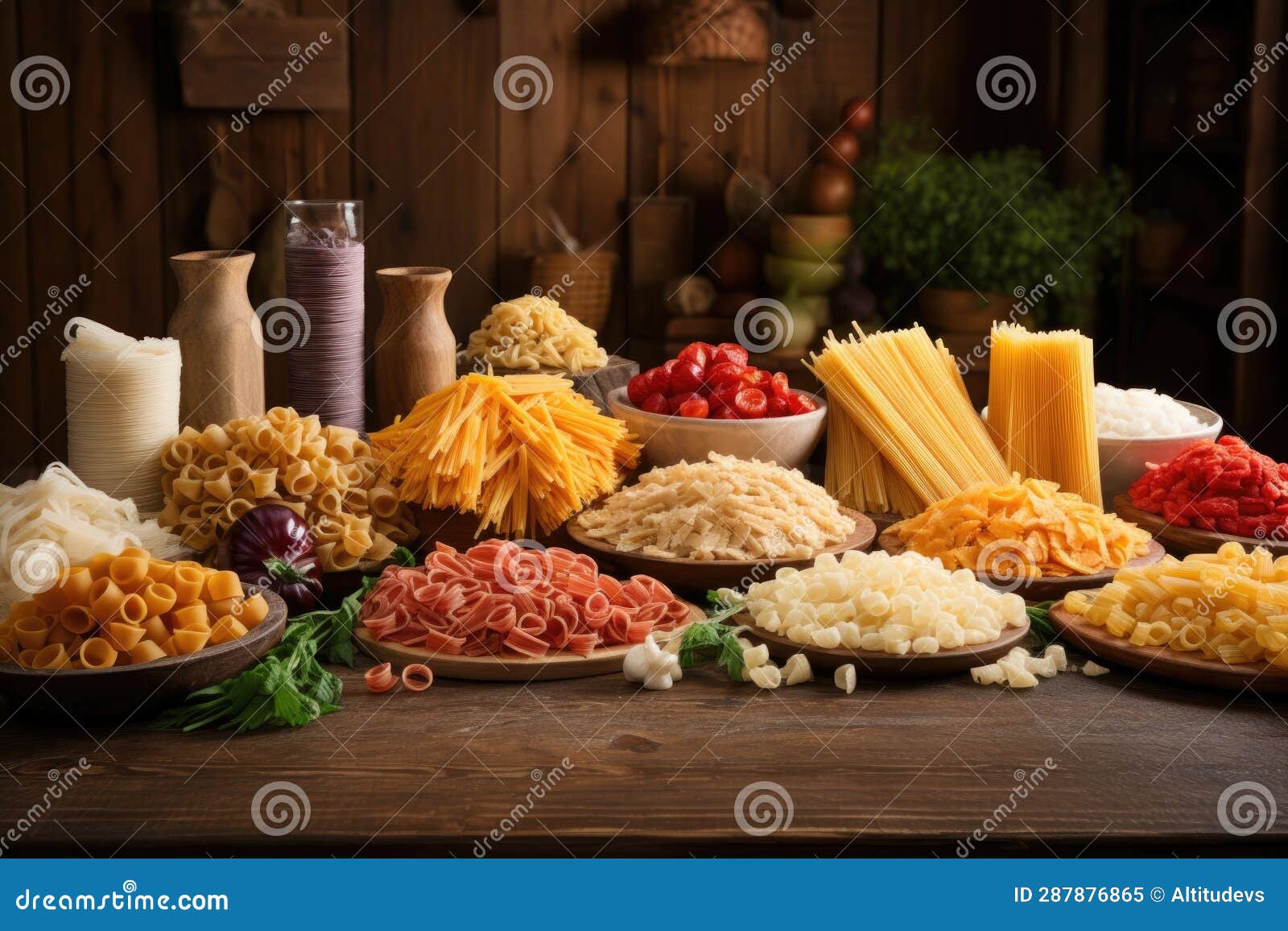 Variety of Pasta Types on a Wooden Table Stock Image - Image of fusilli ...