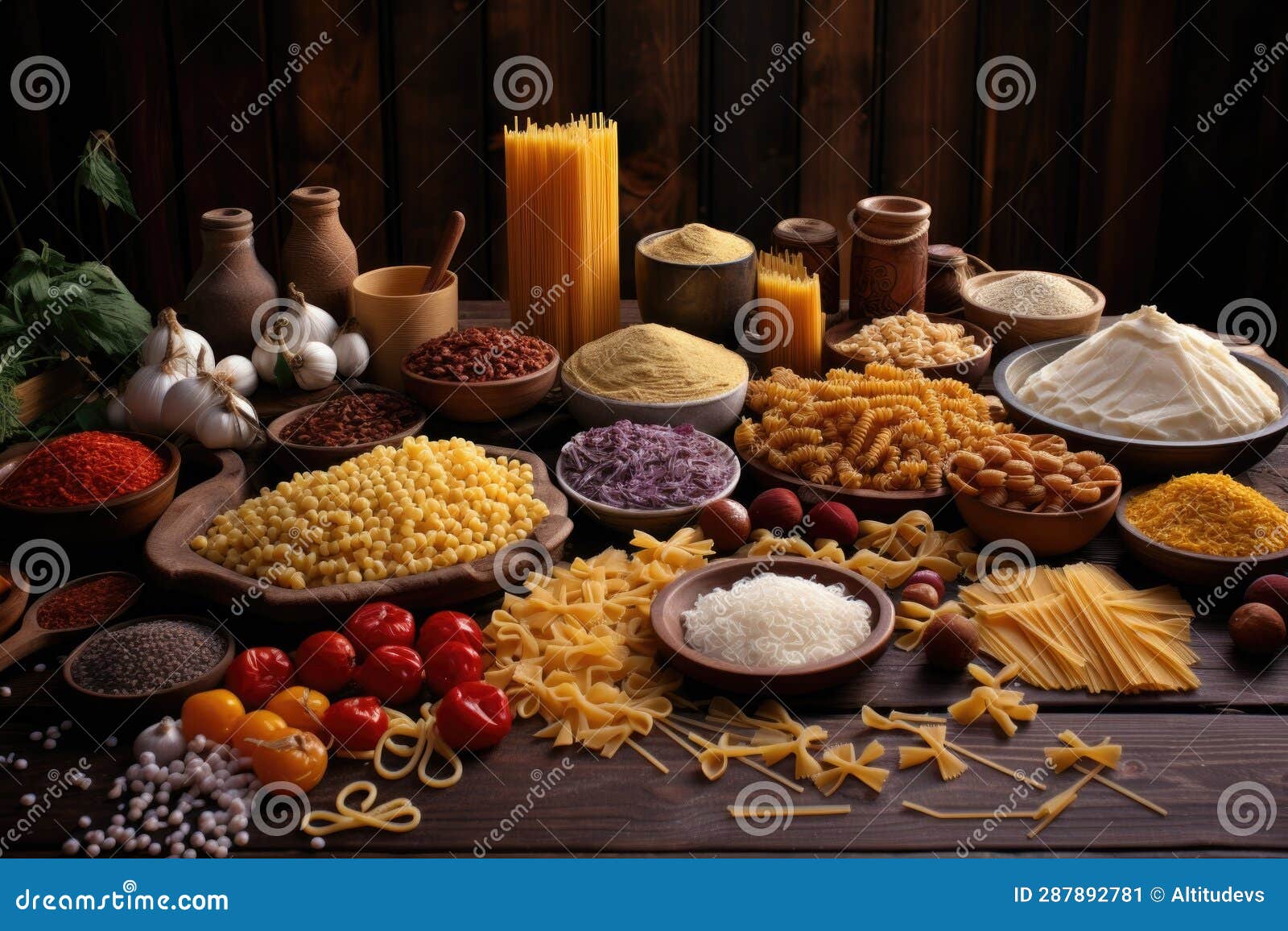 Variety of Pasta Types on a Wooden Table Stock Image - Image of penne ...
