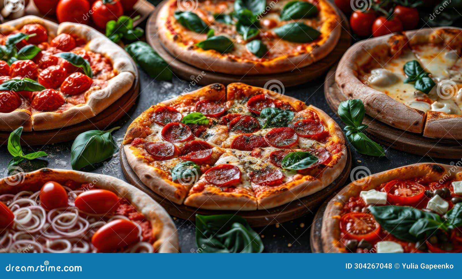 A Variety of Pizzas on Table with Various Toppings Stock Photo - Image ...