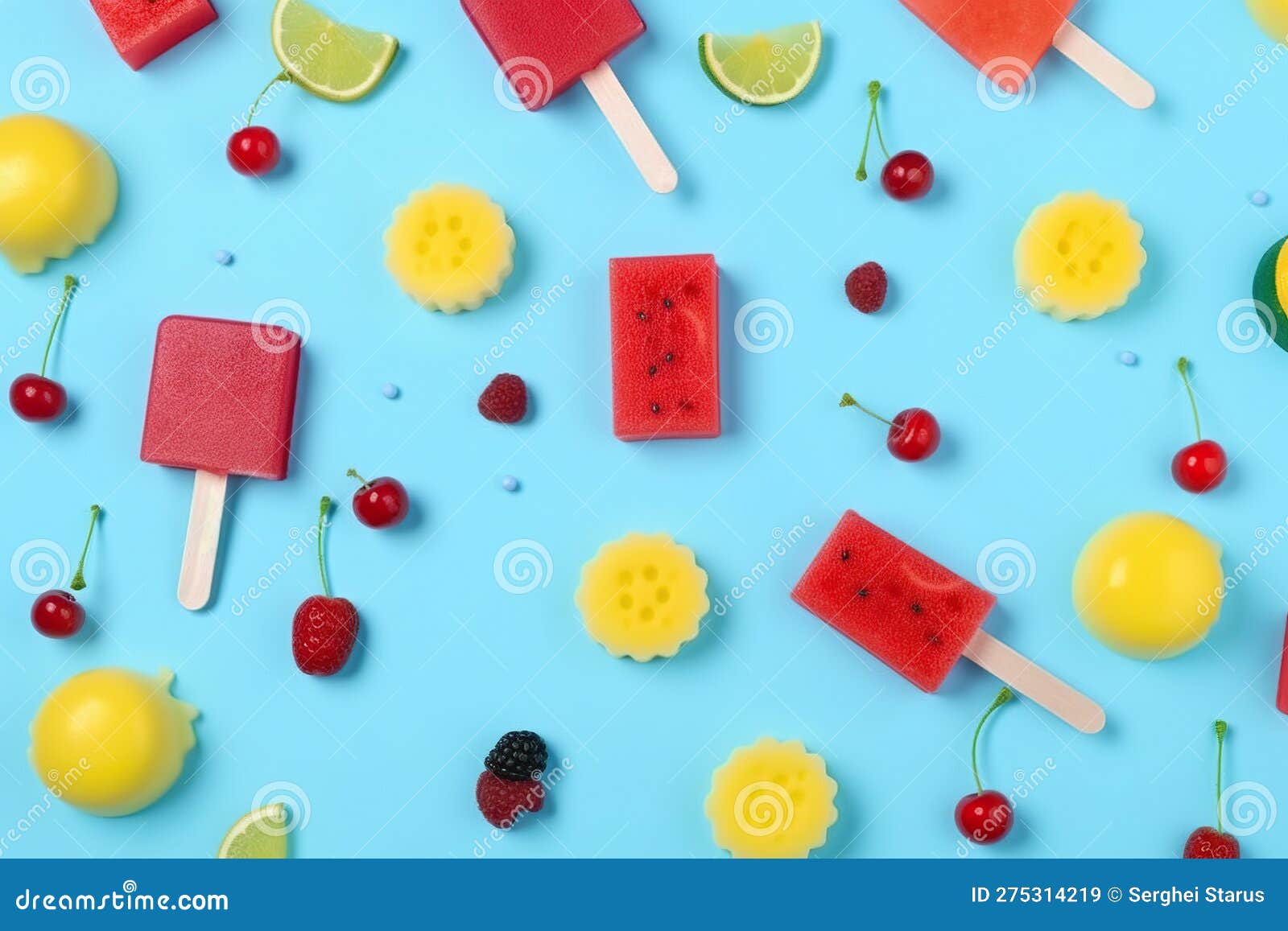 A Variety of Popsicles and Fruit on a Blue Background. AI Generative ...
