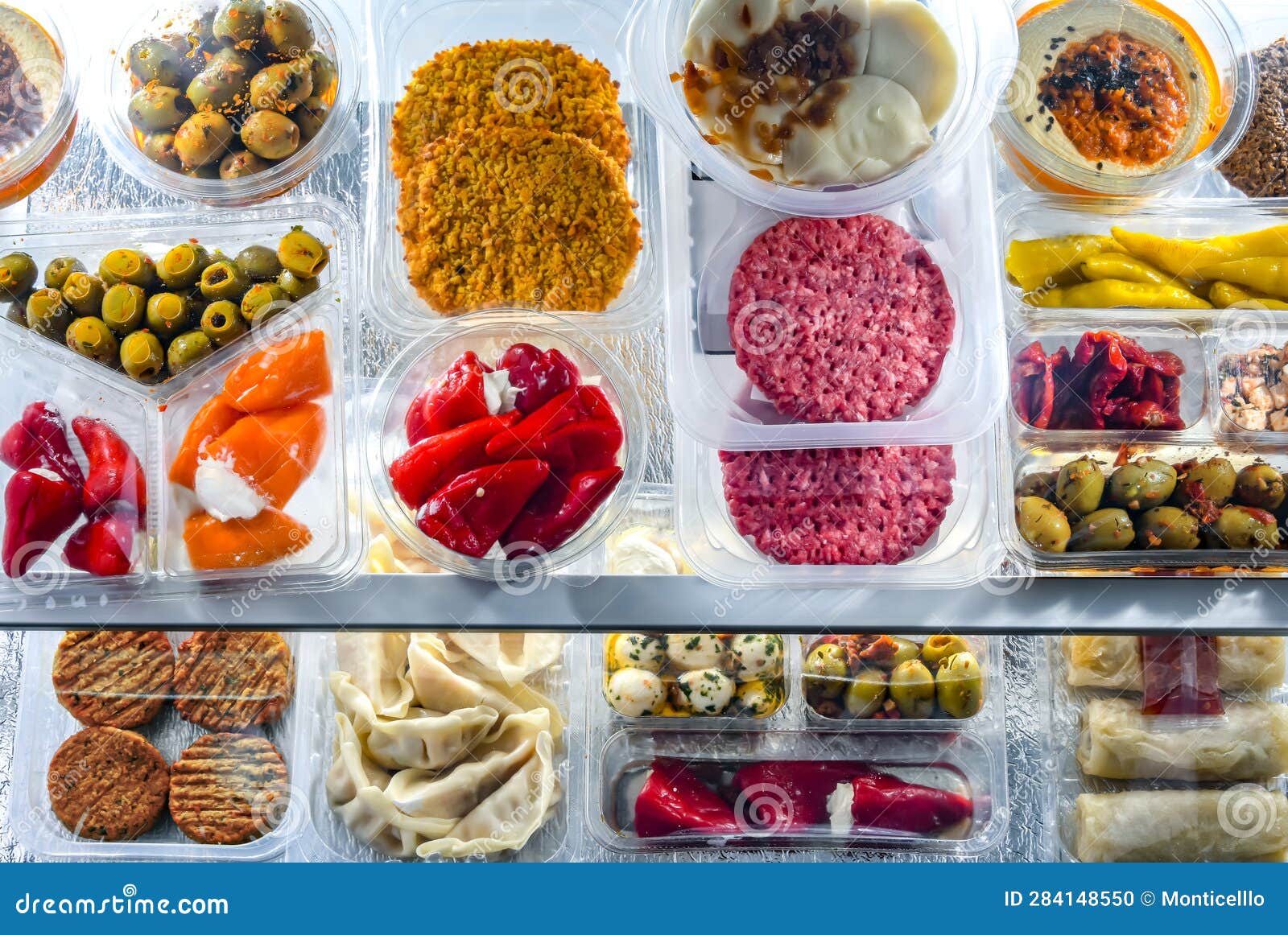 Variety of Prepackaged Food Products in Plastic Boxes Stock Photo ...